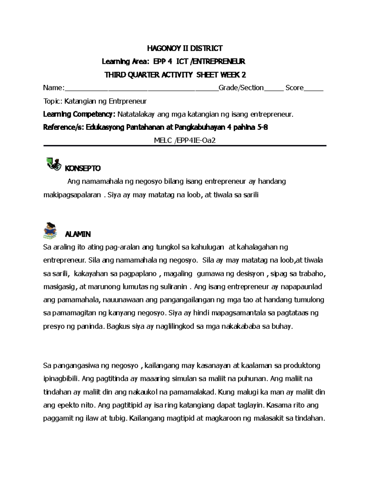 ICT4 ACTIVITY SHEET W2 - HAGONOY II DISTRICT Learning Area: EPP 4 ICT ...
