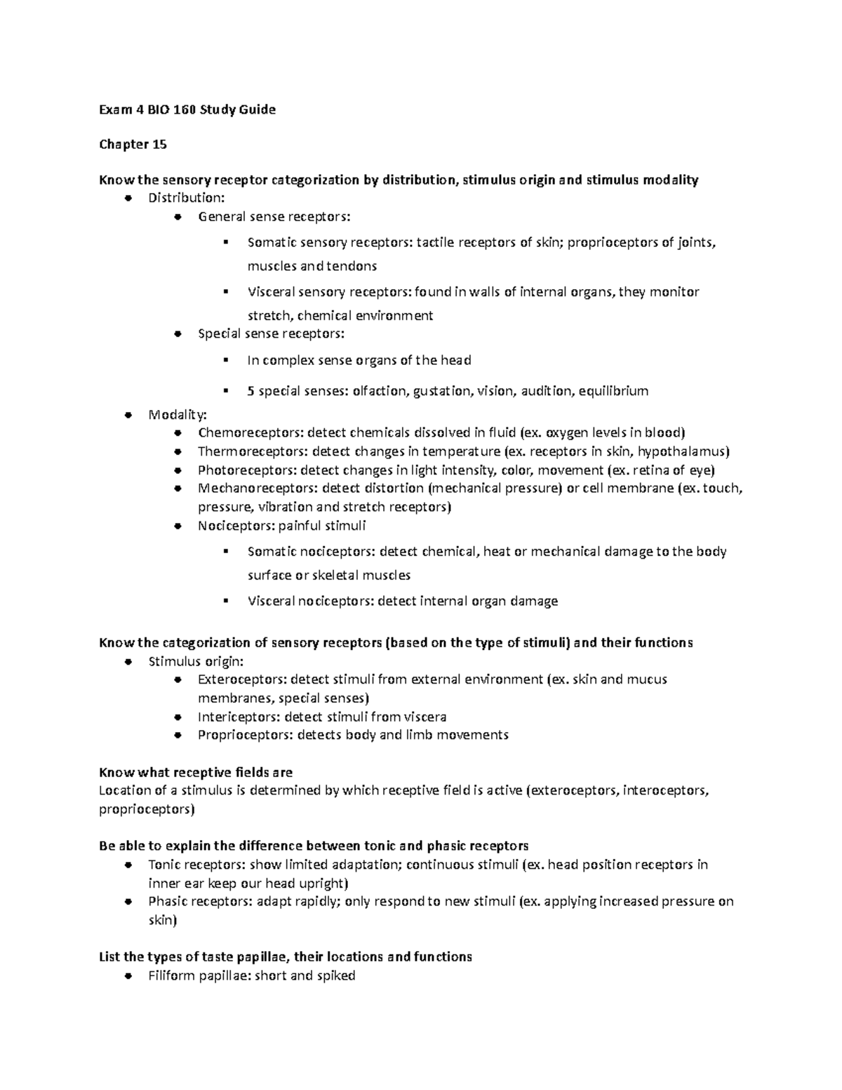 Anatomy Study Guide Exam 4 - Exam 4 BIO 160 Study Guide Chapter 15 Know ...