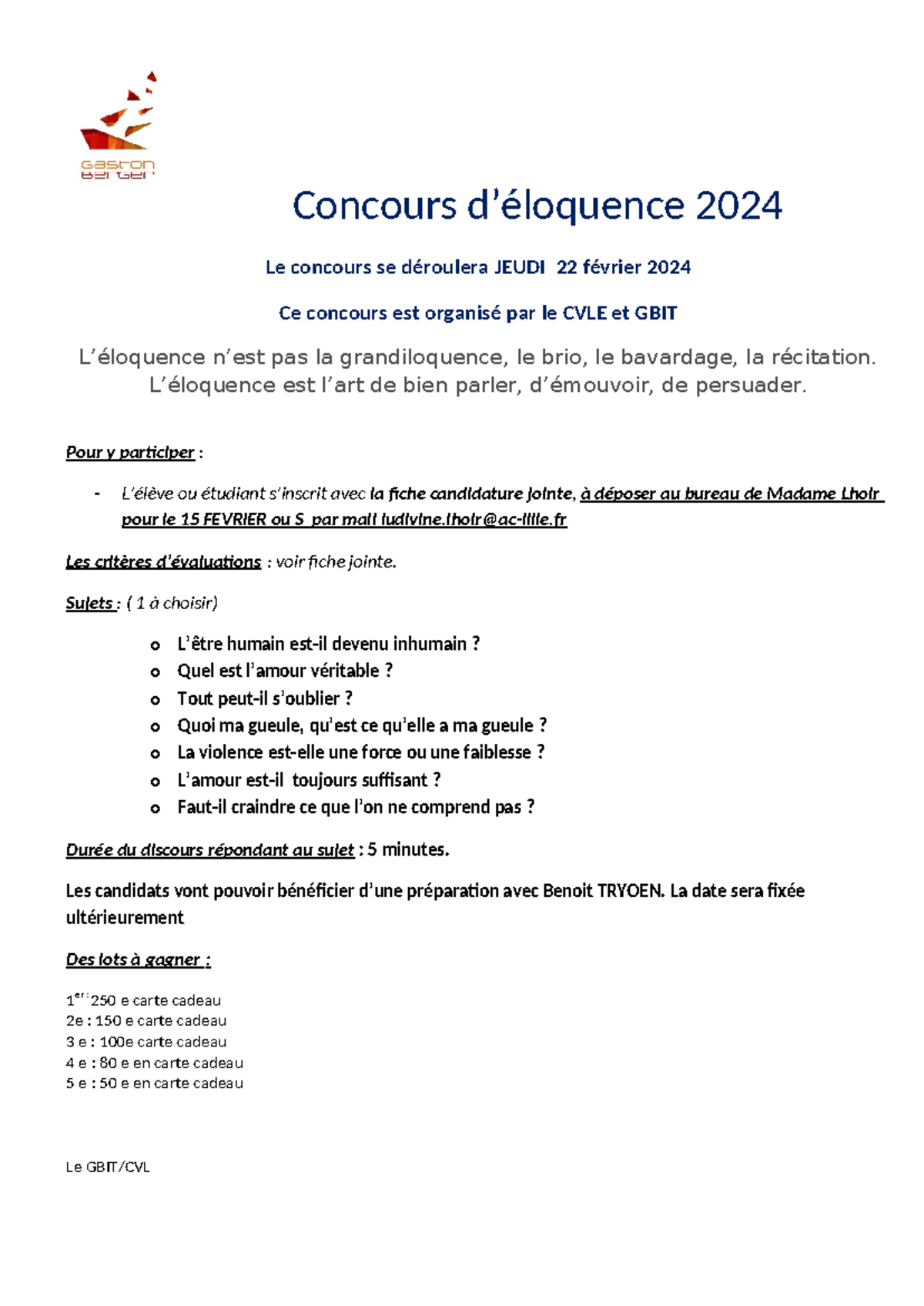 Concours d Eloquence 2024 2 - Concours d’éloquence 2024 Le concours se déroulera JEUDI 22 ...