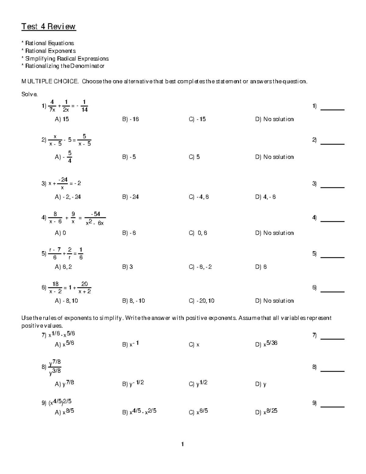 Test 4 Review - Test 4 Review Rational Equations Rational Exponents ...