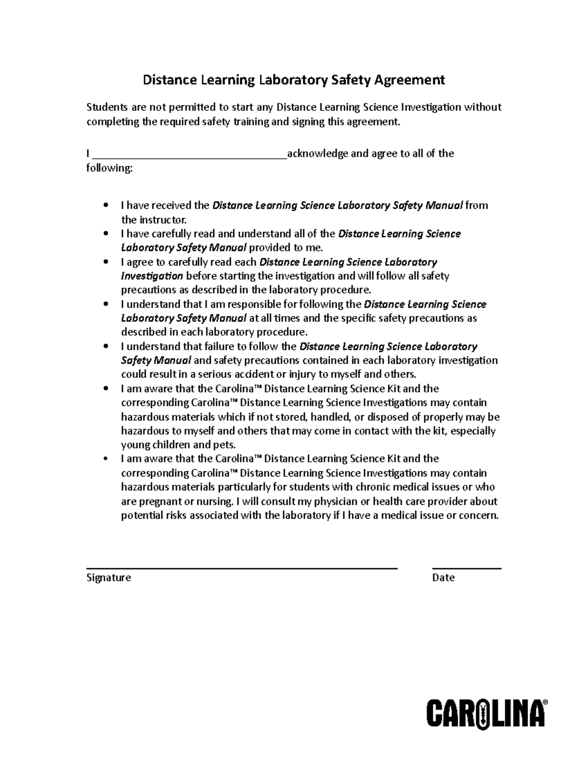 Intro BIO 133L Lab Safety Contract - Distance Learning Laboratory ...