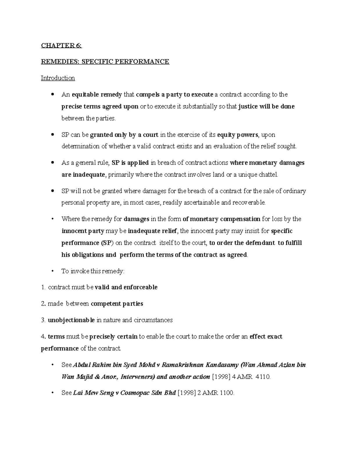 Chapter 6 - CHAPTER 6: REMEDIES: SPECIFIC PERFORMANCE Introduction An ...