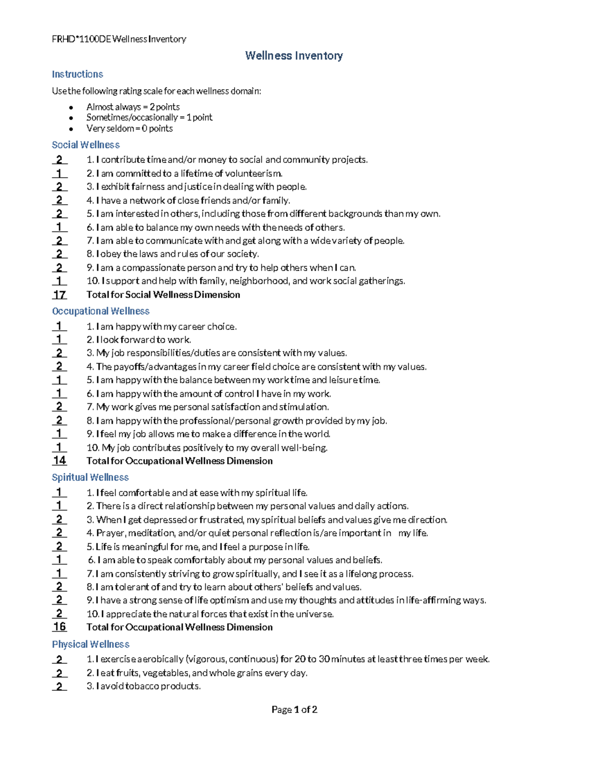 Wellness Inventory FRHD 1100 - FRHD*1100DE Wellness Inventory Page 1 of ...