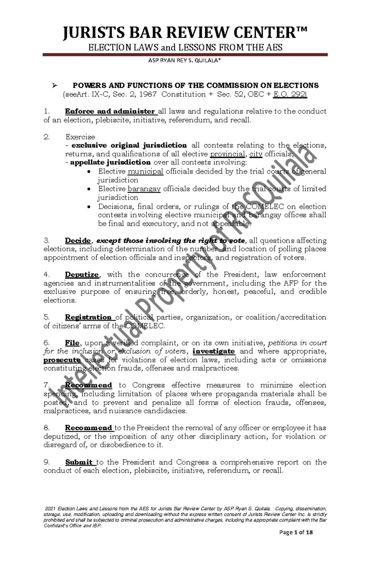 2021 Handout in Election Laws by ASP Ryan Rey Quilala - ELECTION LAWS ...