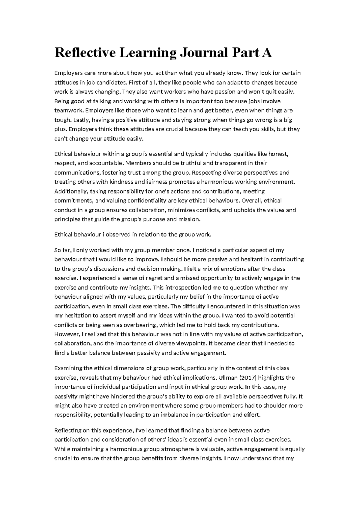 Reflection - Reflective Learning Journal Part A Employers care more ...