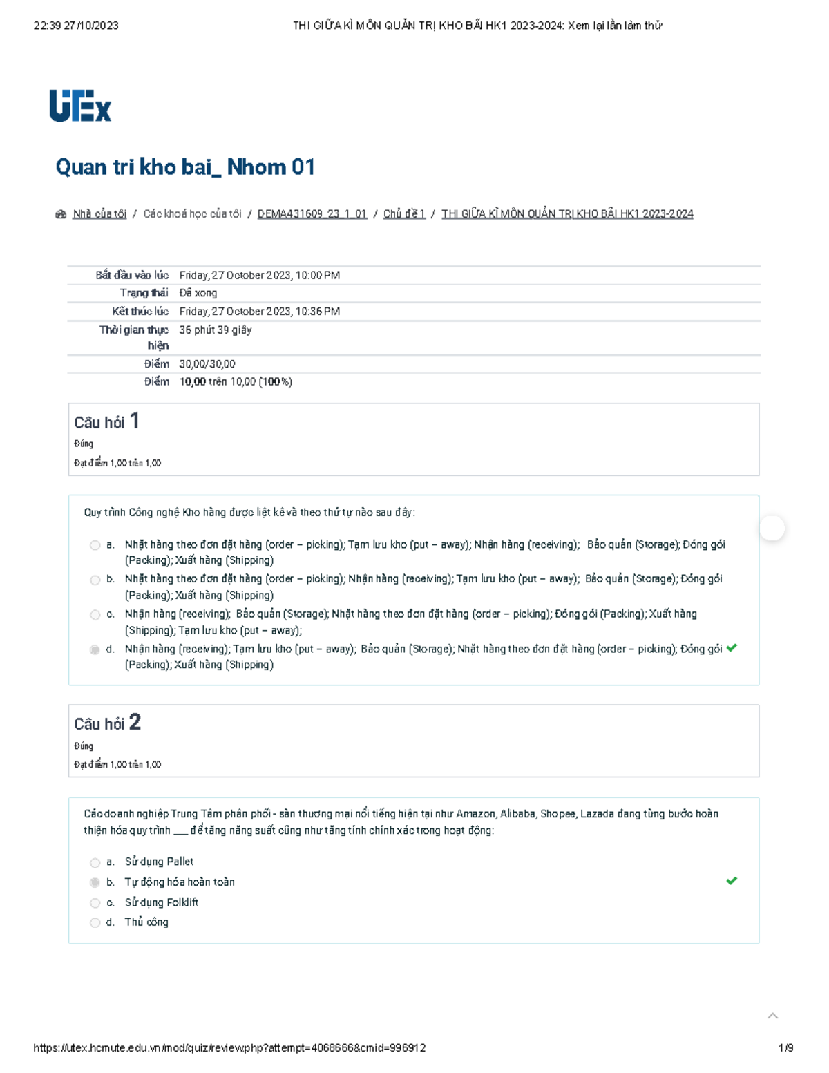 Ktra giữa kỳ lần 1 - Kiểm tra giữa kì - Nhà của tôi / Các khoá học của tôi / DEMA431609_23_1_01 ...