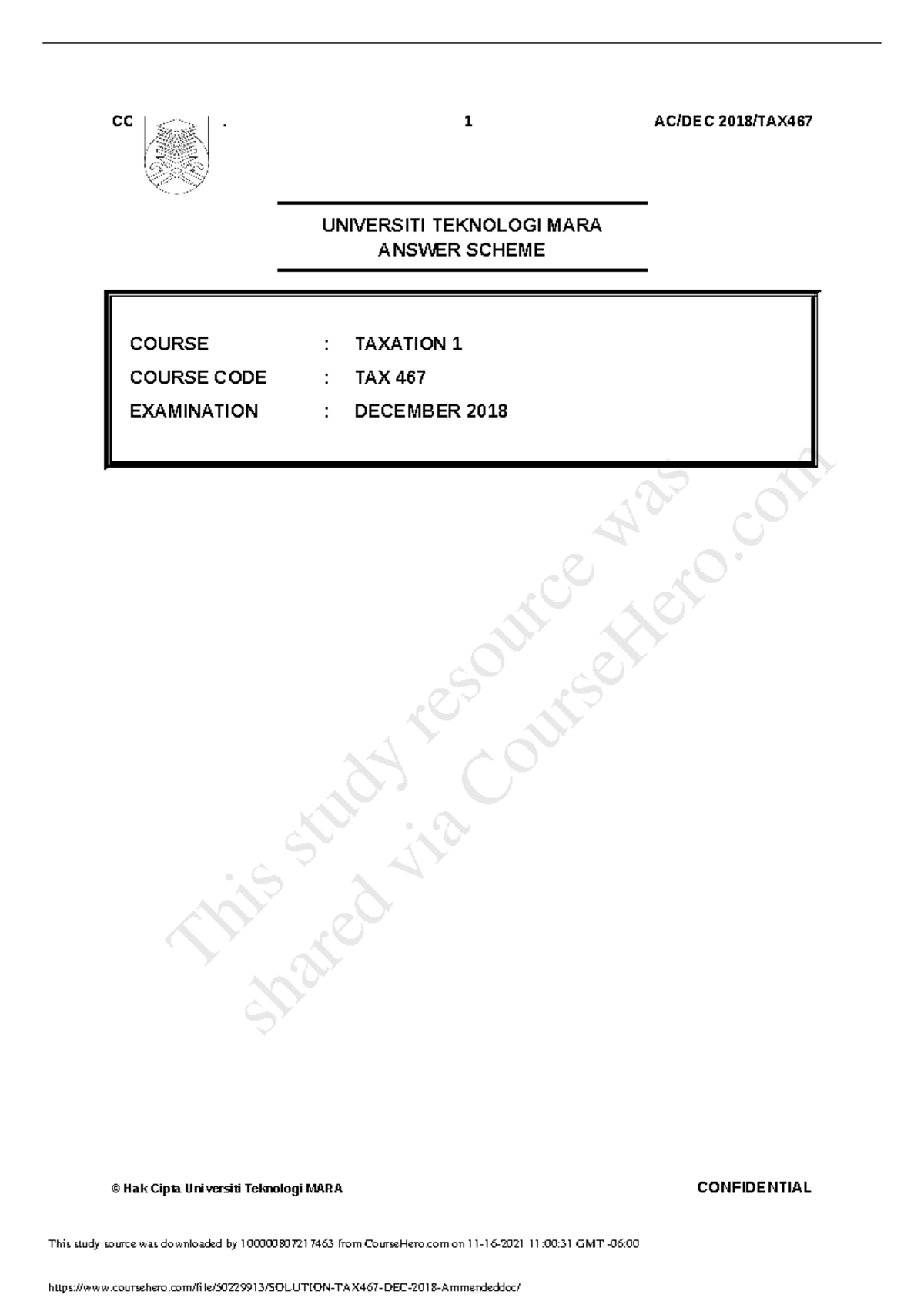 Solution TAX467 DEC 2018 Ammended .doc - Taxation II - UiTM - Studocu