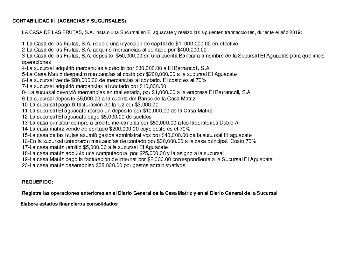 Casa Matriz y Sucursales ejemplo practico - CONTABILIDAD III (AGENCIAS ...