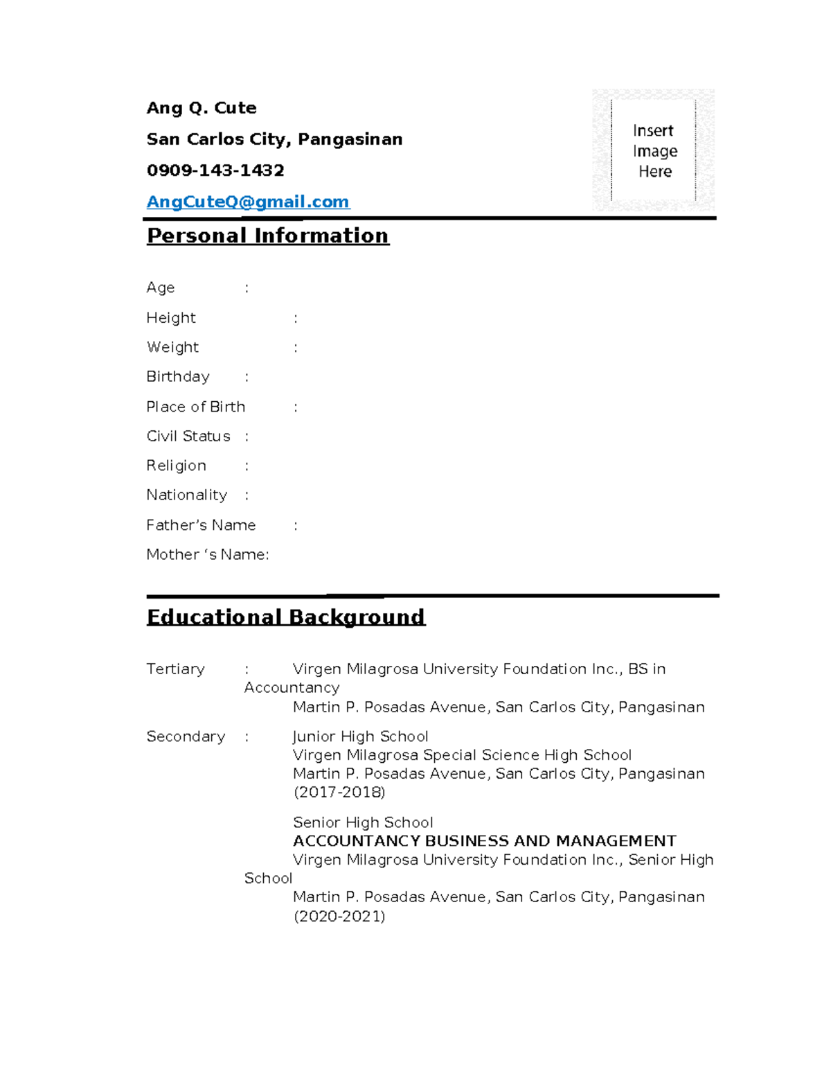 Resume Format - Ang Q. Cute San Carlos City, Pangasinan 0909-143 ...
