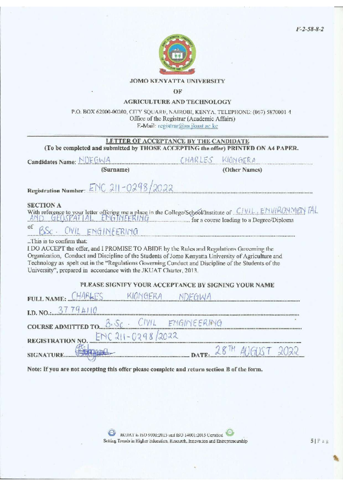Letter OF Acceptance BY THE Candidate - Bsc.Civil Engineering - Studocu