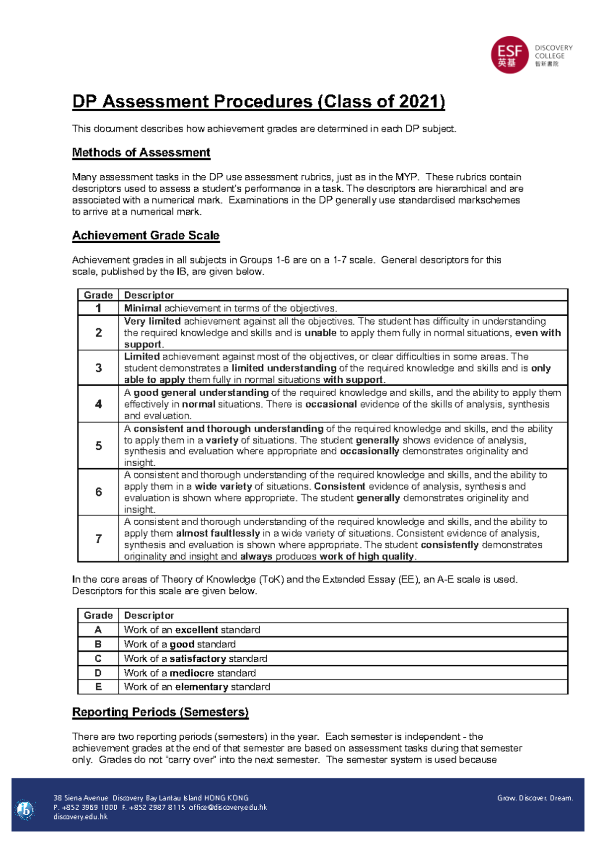 DP Assessment Procedures Class of 2021 11 - 38 Siena Avenue Discovery ...