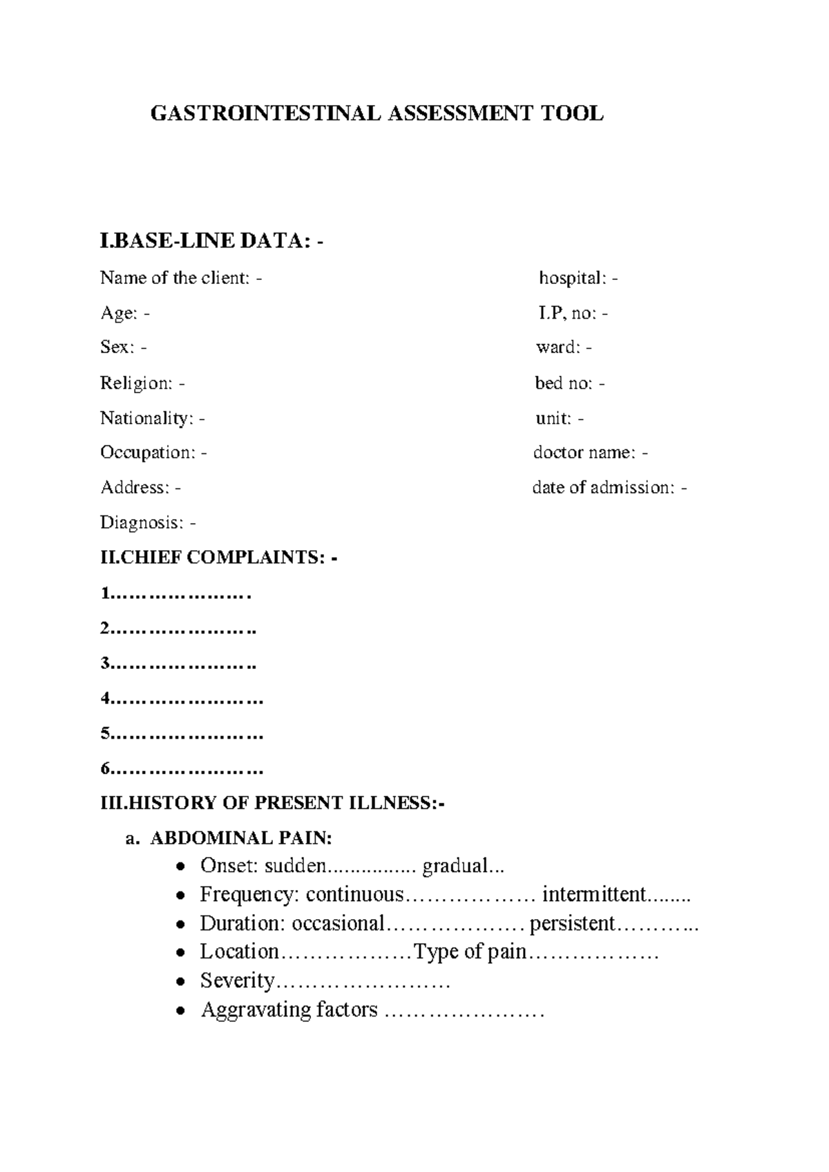 Gi tool new - .... - GASTROINTESTINAL ASSESSMENT TOOL I-LINE DATA ...