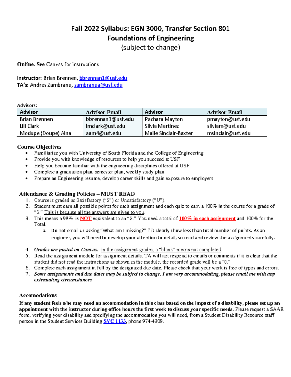 Foundation of engineering syllabus - Fall 2022 Syllabus: EGN 3000, Transfer Section 801 ...
