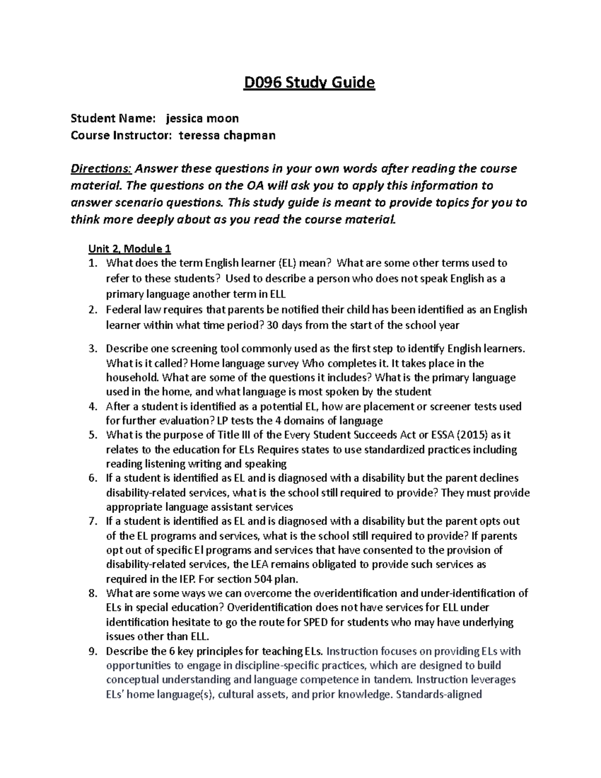 D096 retake - review - D096 Study Guide Student Name: jessica moon Course Instructor: teressa ...