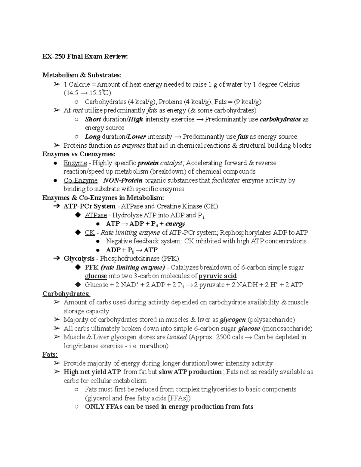 EX-250 - Final - EX-250 Final Exam Review: Metabolism & Substrates: 1 ...
