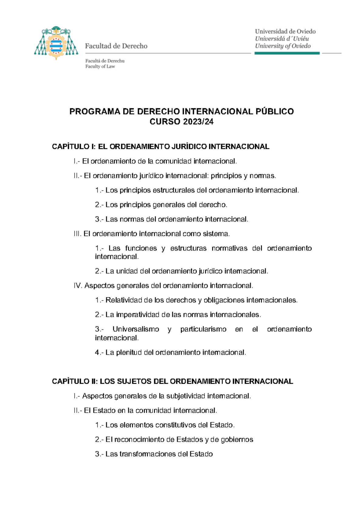 Programa DIP 23-24 - PROGRAMA DE DERECHO INTERNACIONAL PÚBLICO CURSO 20 23 /2 4 CAPÍTULO I: EL ...
