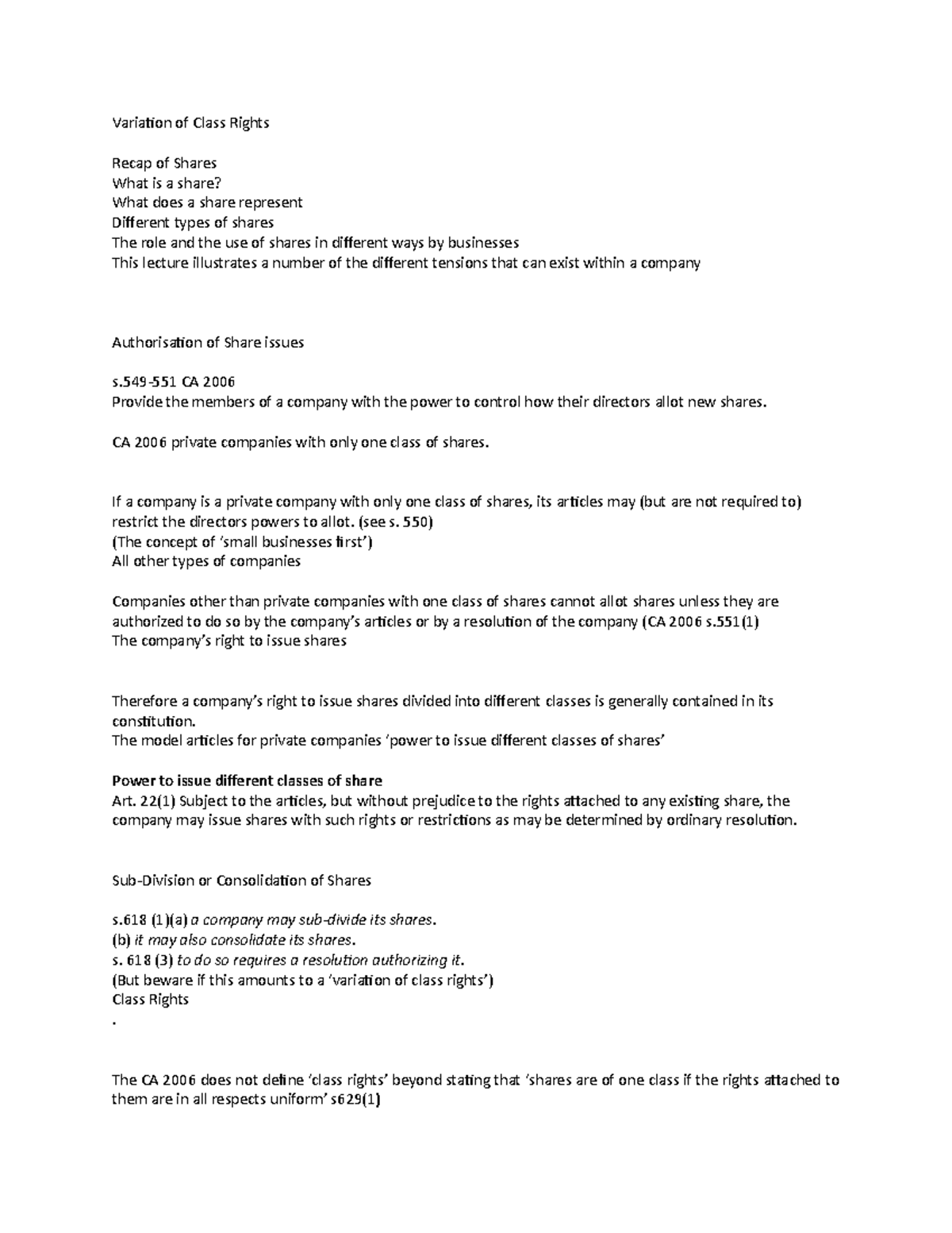 Company Law - Variation of Class Rights - Variaion of Class Rights ...