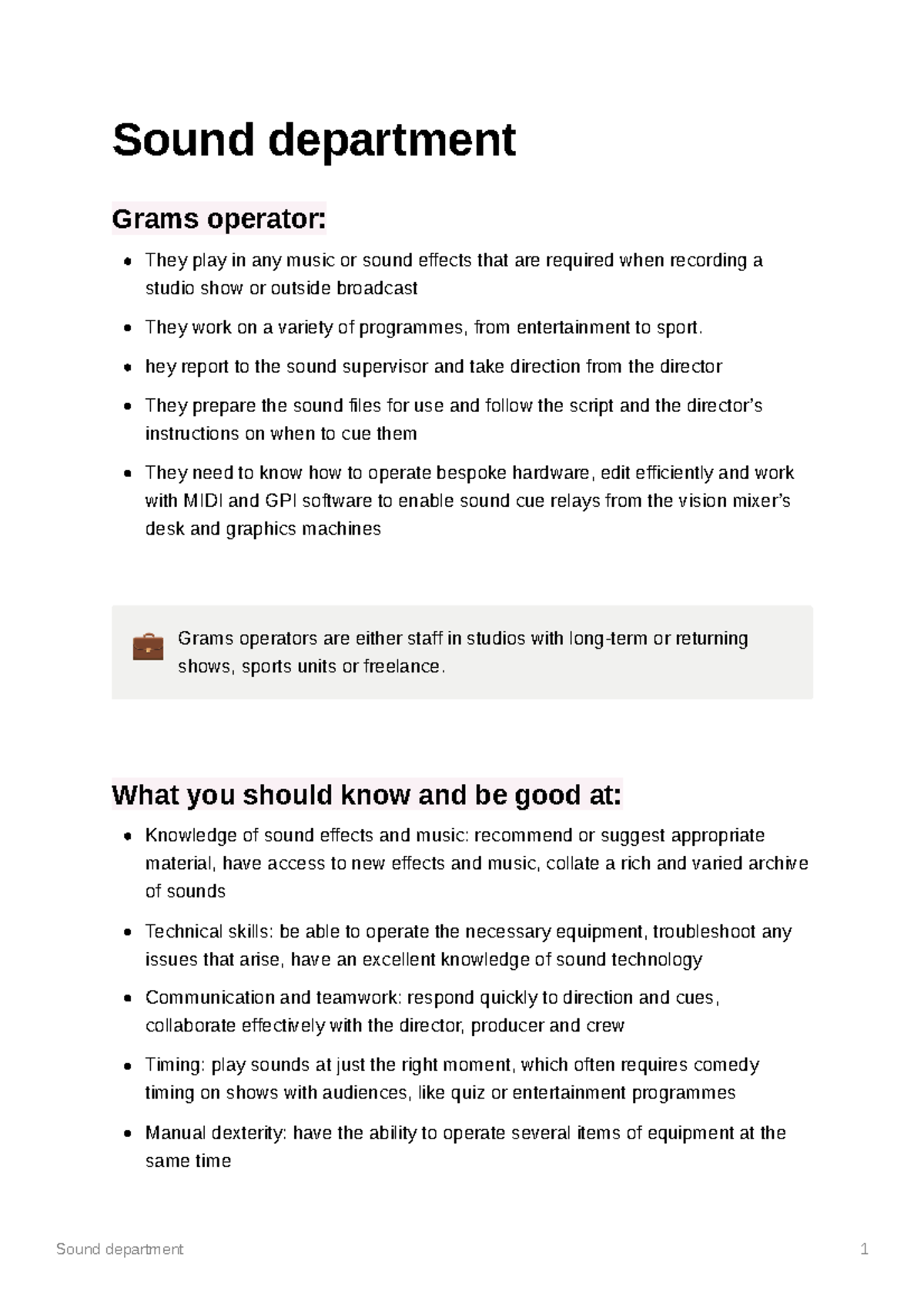 Sound - Sound department Grams operator: They play in any music or ...