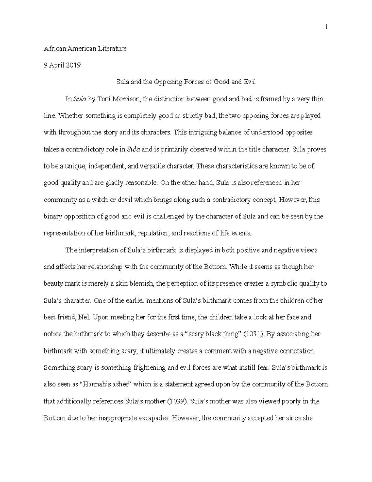 Toni Morrison Paper - Grade: A - African American Literature 9 April ...
