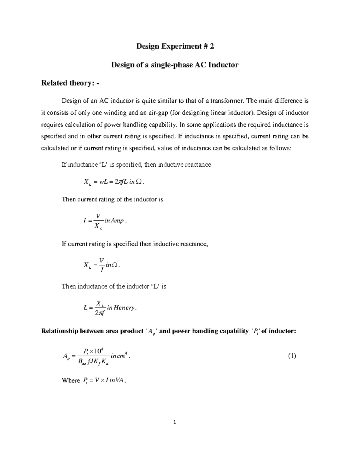 Inductor Design - useful for study and research - Design Experiment # 2 ...