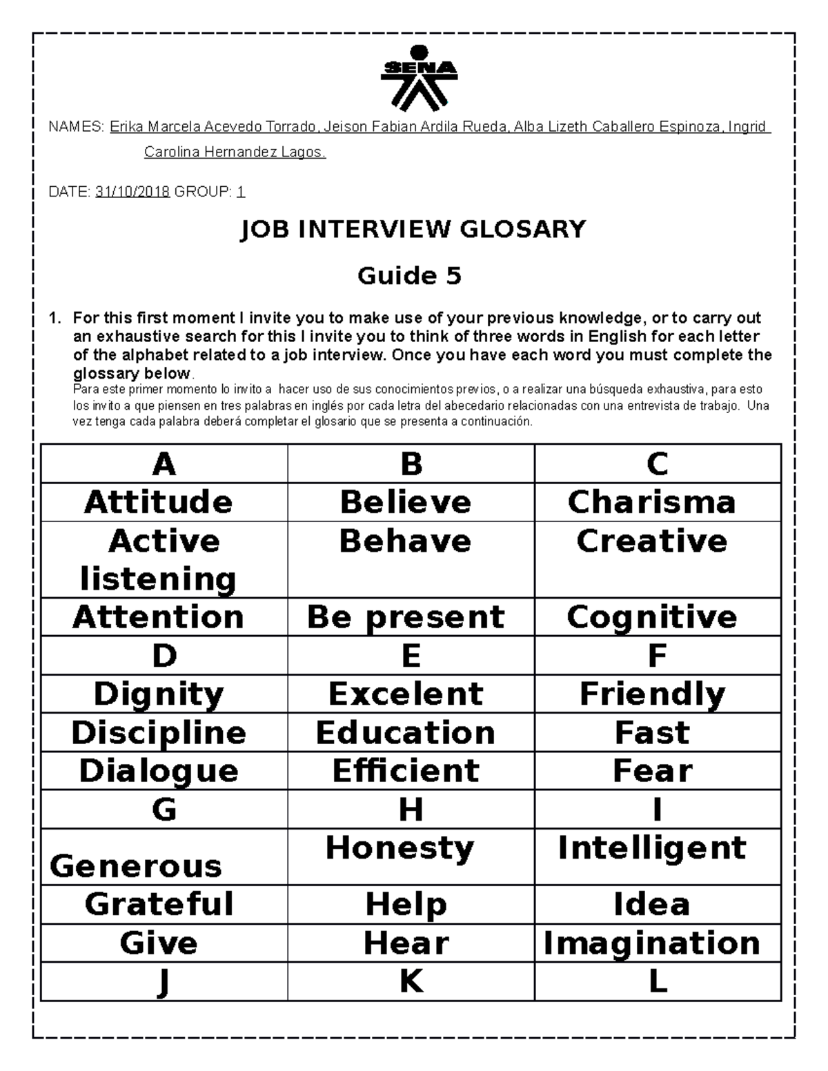 JOB Interview Glosary AND Activityy Crossword - NAMES: Erika Marcela ...