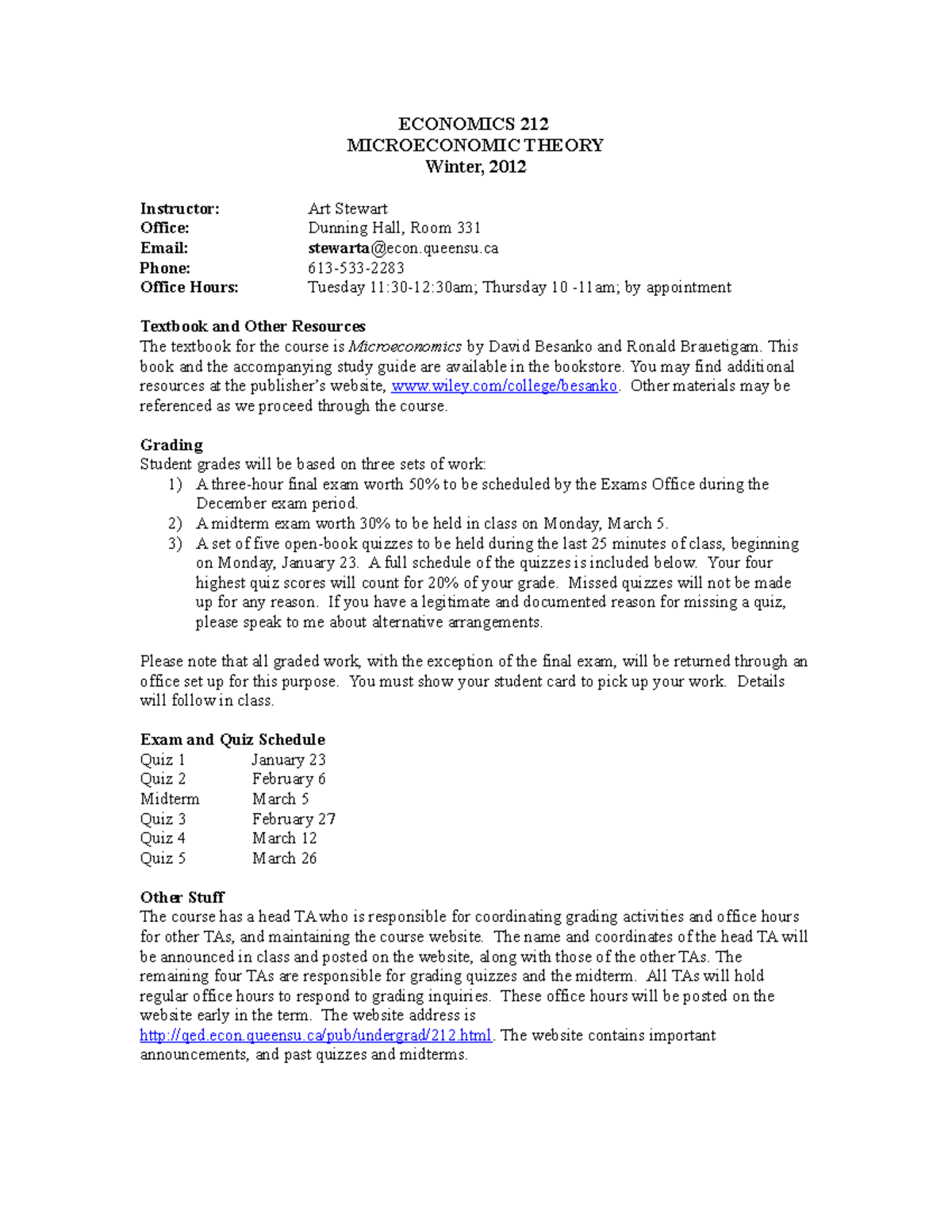 Economics 212Aoutline - ECONOMICS 212 MICROECONOMIC THEORY Winter, 2012 ...