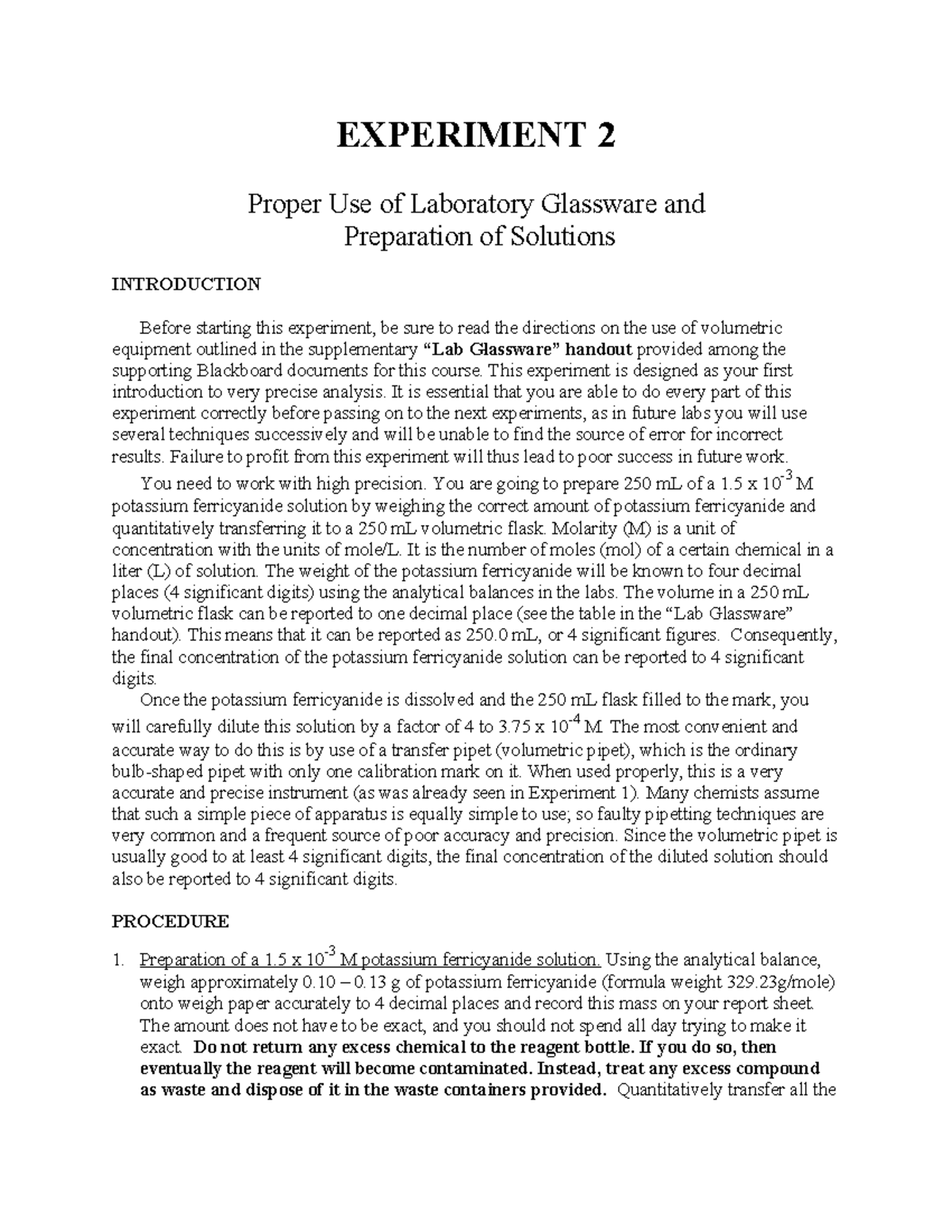 Chem 207 Exp. 2 - This was the second lab of the class that we did ...