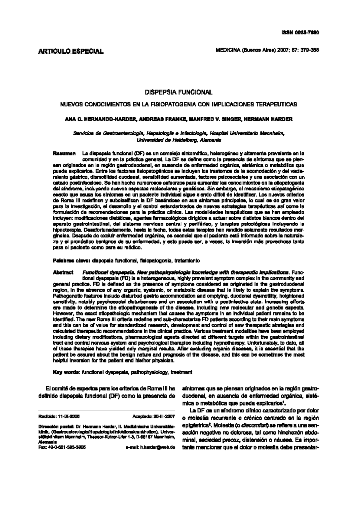 Dispepsia - ISSN ARTICULO ESPECIAL MEDICINA (Buenos Aires) 67 ...