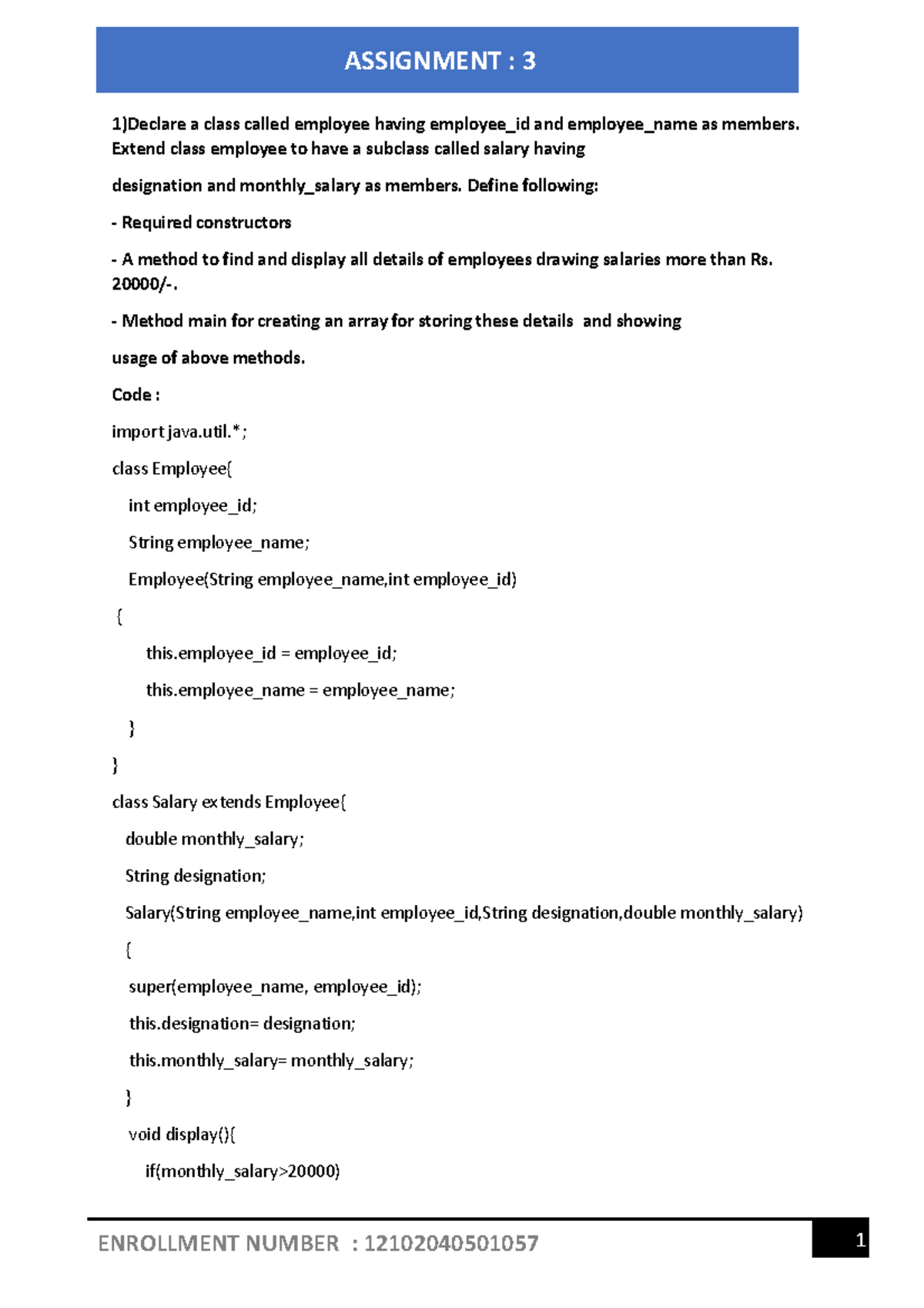 Samirassignemnt 3 solution - 1)Declare a class called employee having employee_id and employee ...