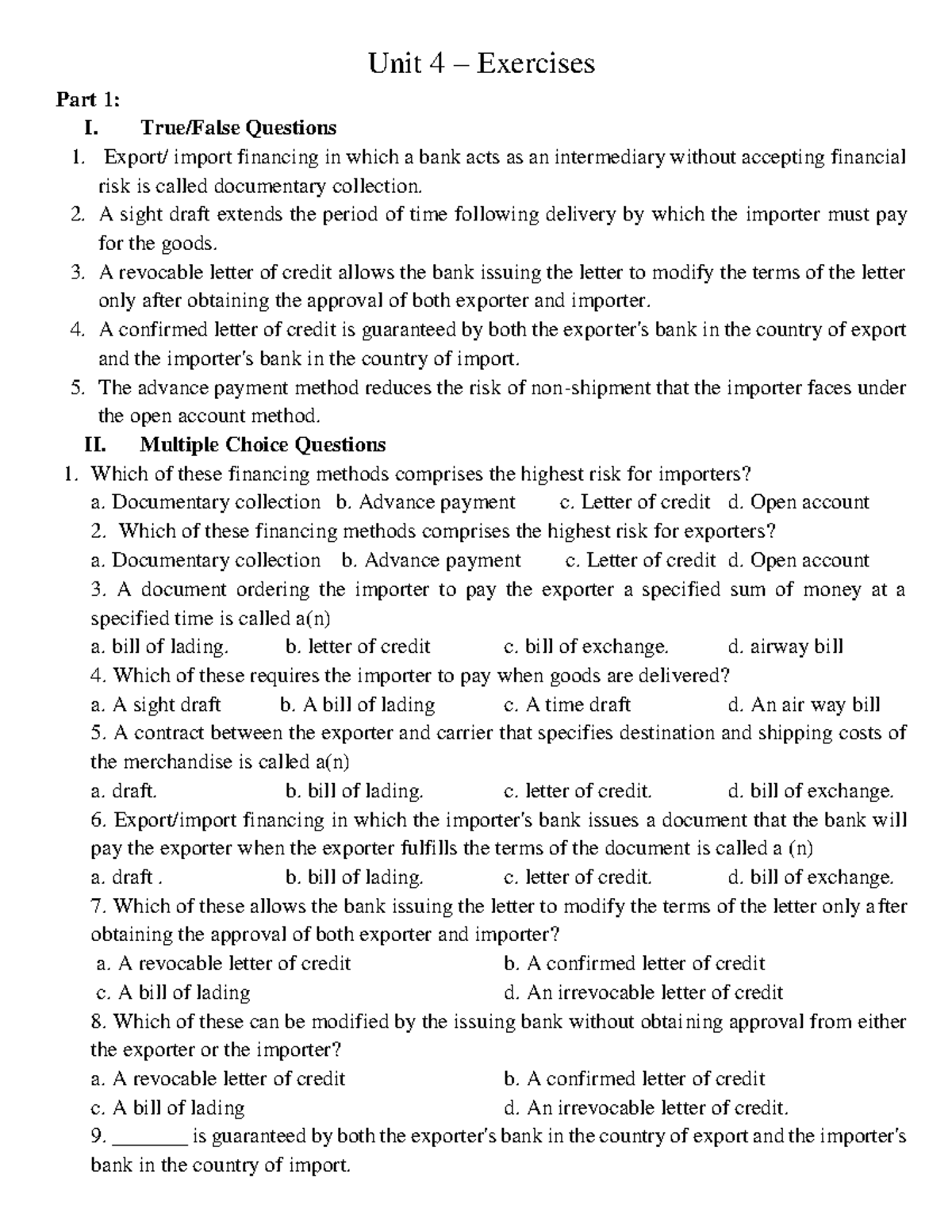 Unit 4 - Exercises to sts - Unit 4 – Exercises Part 1: I. True/False Questions Export/ import ...
