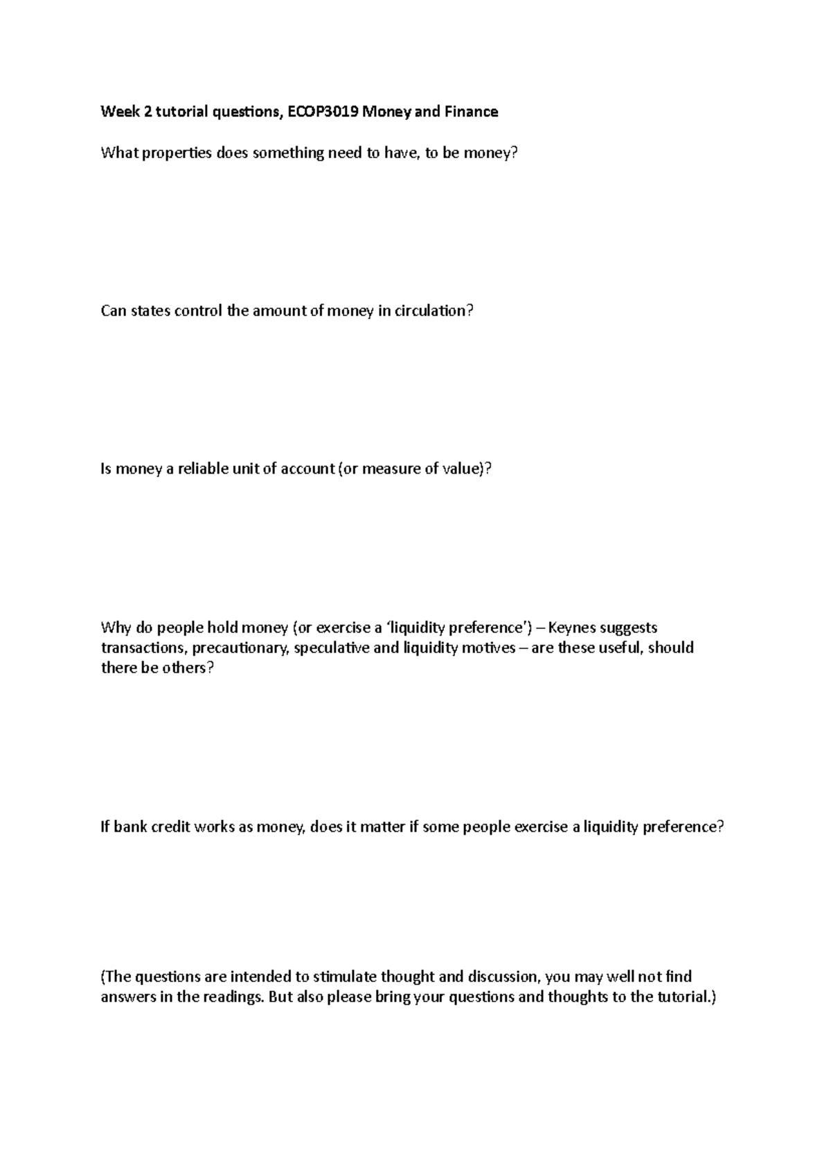 Week 2 Tutorial Questions 2 Week 2 Tutorial Questions Ecop3019 Money And Finance What