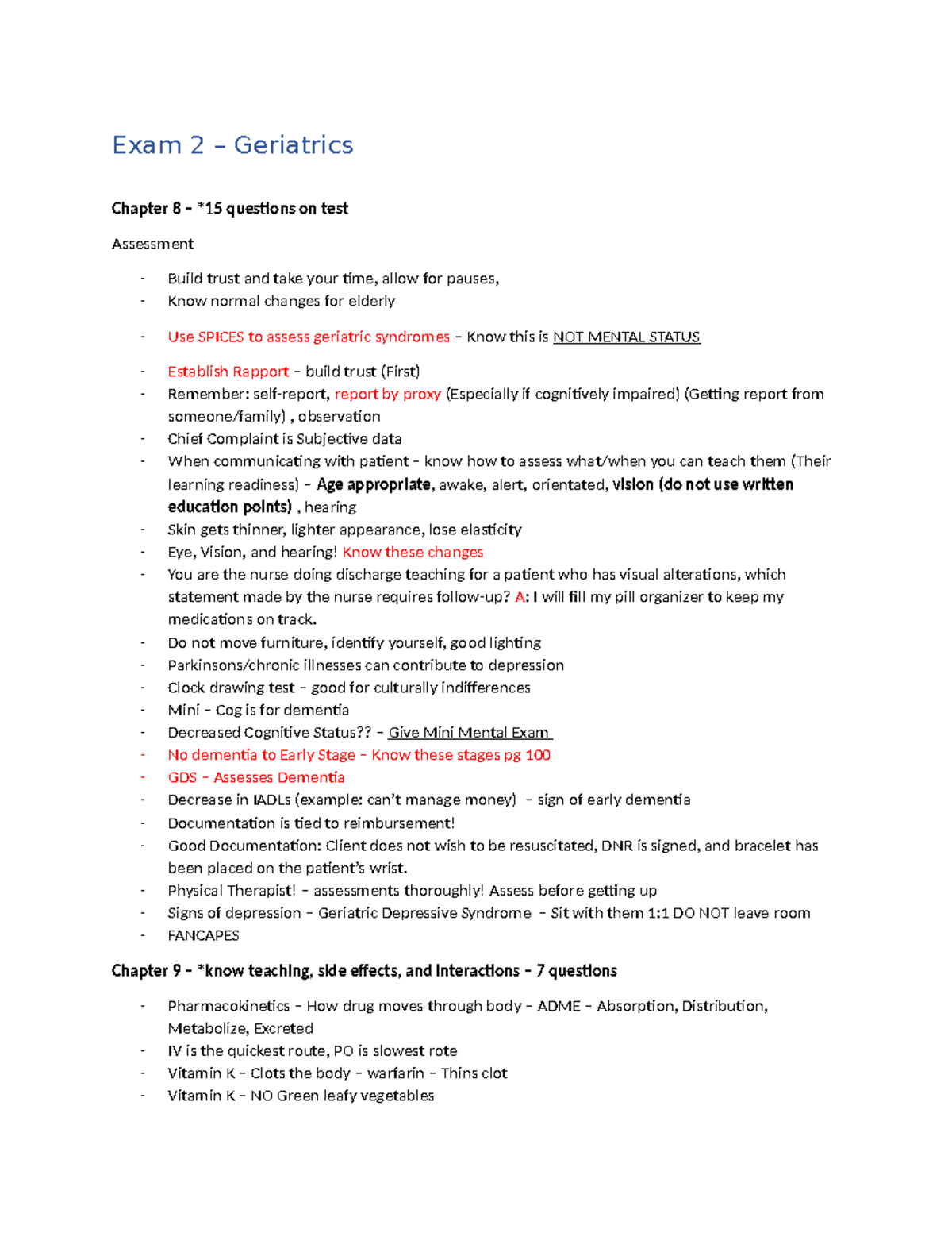 Exam 2 - Geriatrics - exam 2 notes from lecture - Exam 2 – Geriatrics ...