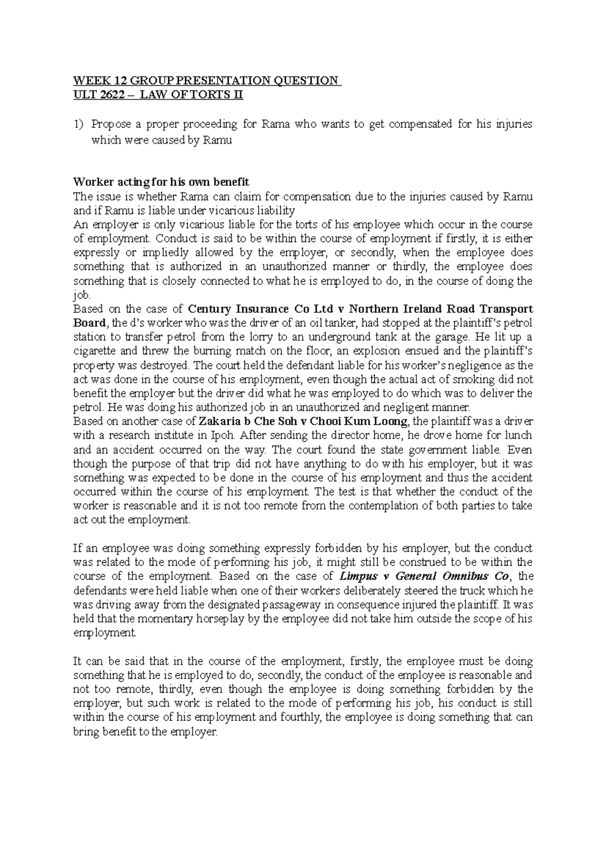 Worker action on behalf of his benefit - Law of Torts II - MMU - Studocu