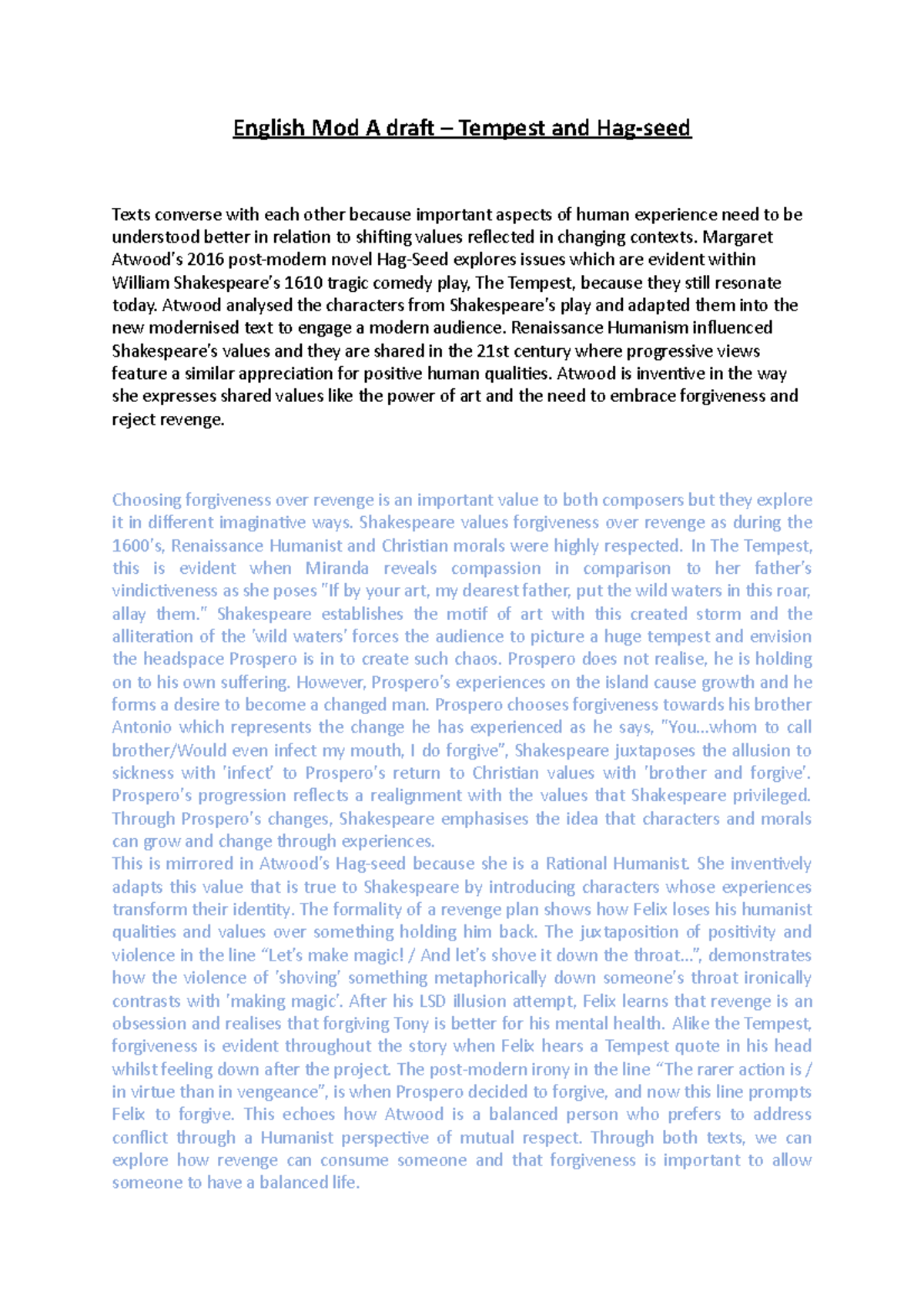 English Tempest and Hag-seed Mod A essay - English Mod A draft ...