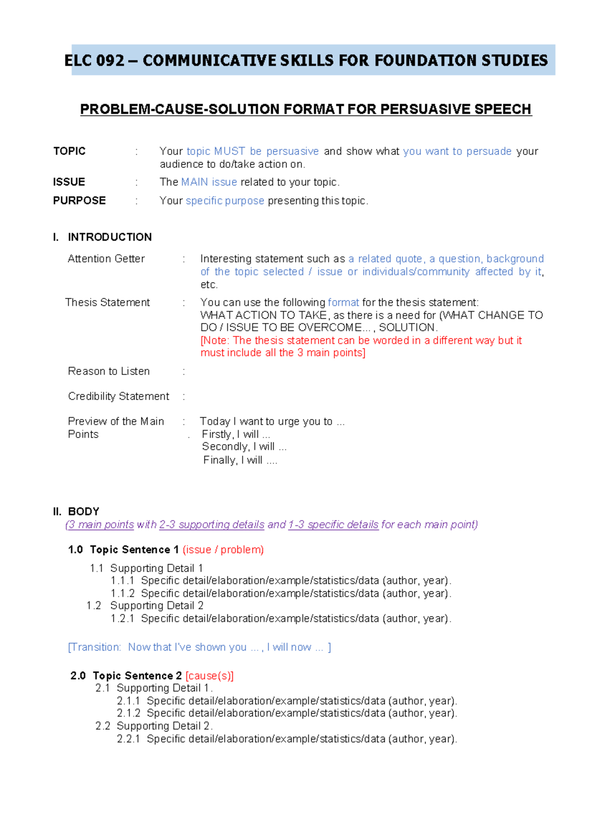 4. PS Outline Template U13 - ELC 092 – COMMUNICATIVE SKILLS FOR ...