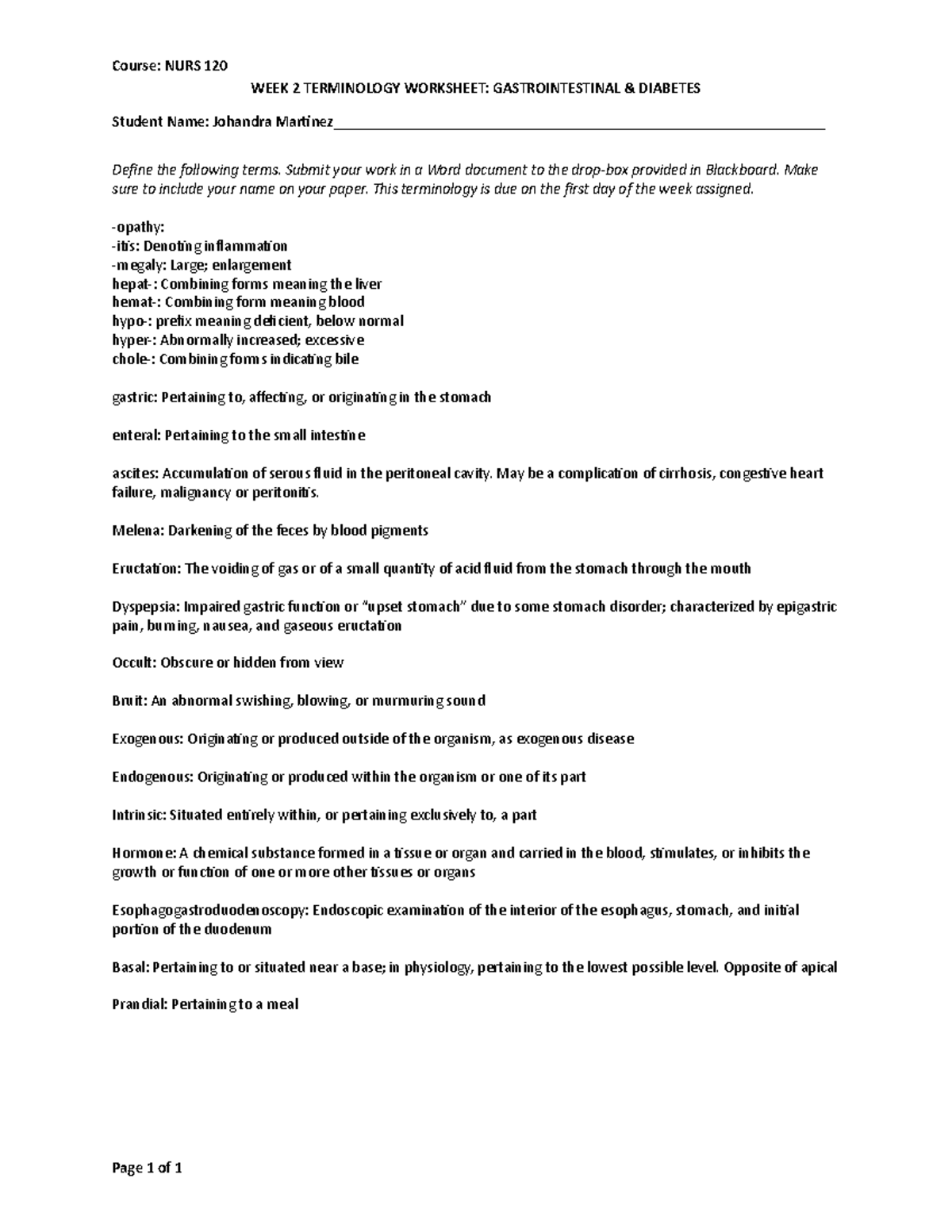 WK 2 Terminology Worksheet - Course: NURS 120 WEEK 2 TERMINOLOGY ...