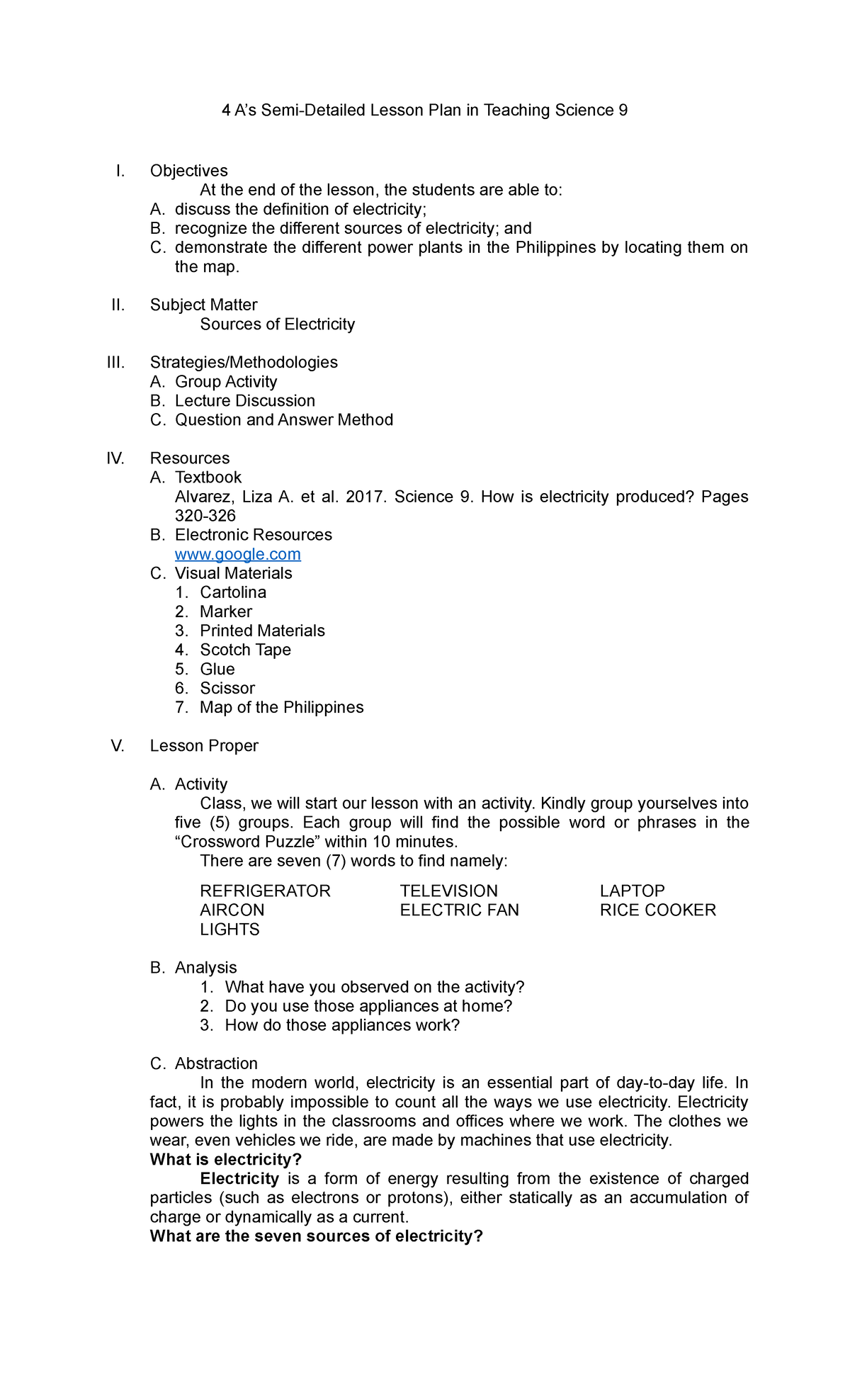 Electricity-DLP - 4 A's Lesson Plan - 4 A’s Semi-Detailed Lesson Plan ...