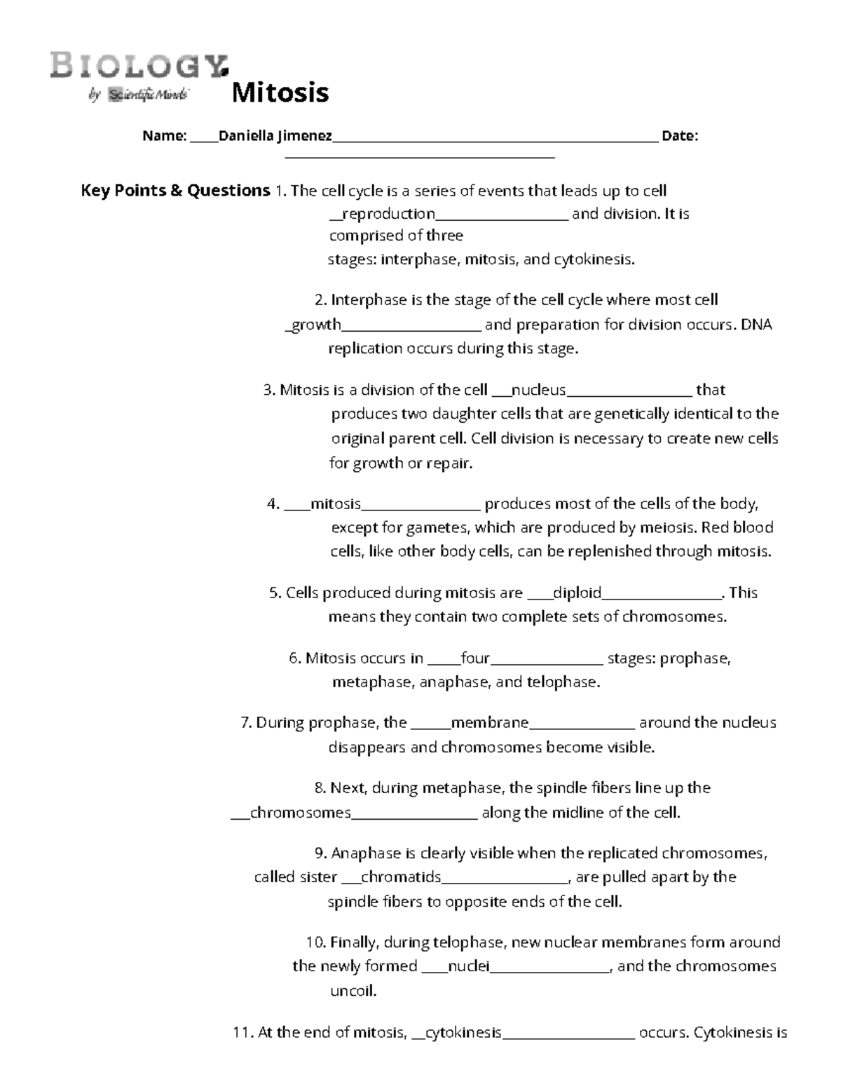 Daniella Jimenez - Mitosis Bio Notes - Mitosis Name: Daniella - Studocu