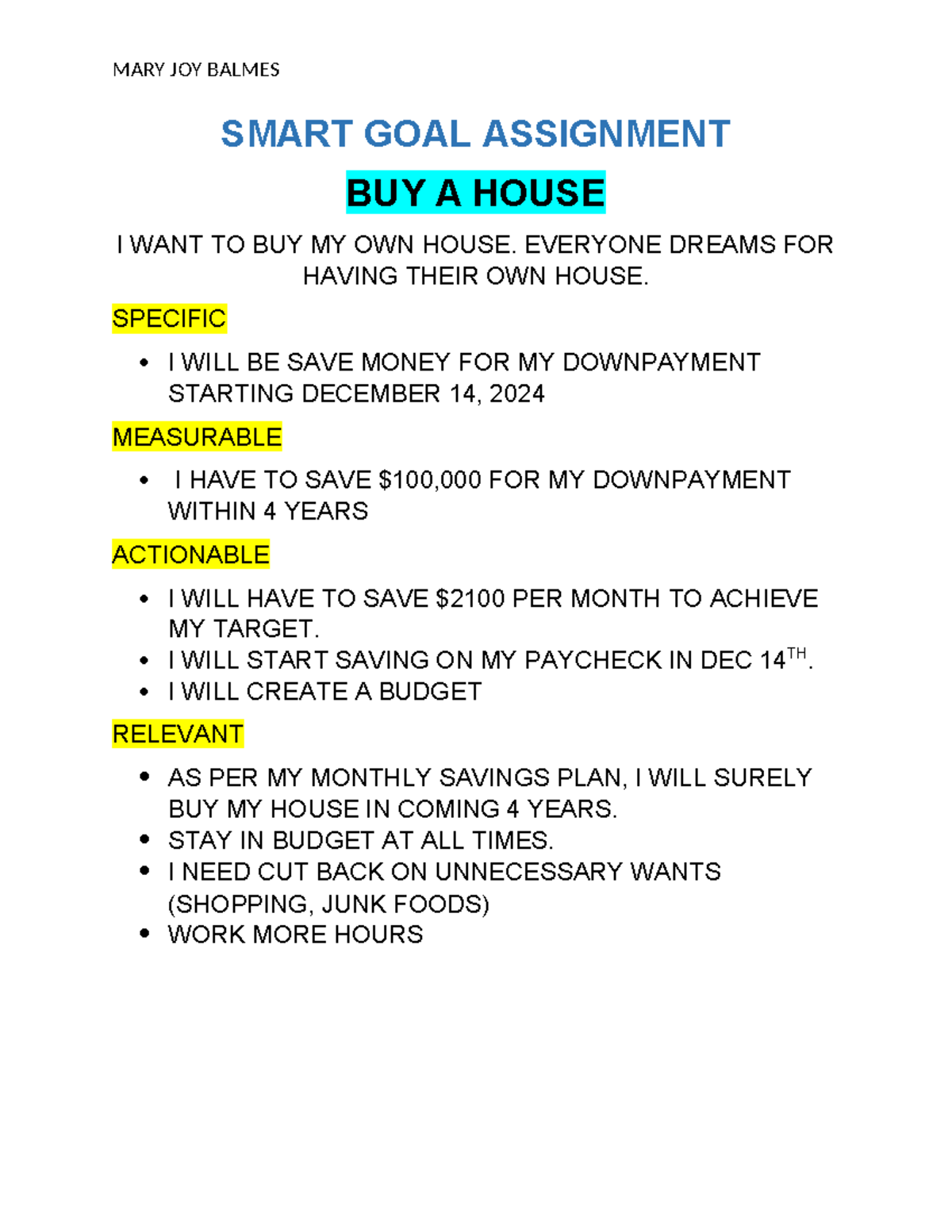 Smart GOAL Assignment - it will help - MARY JOY BALMES SMART GOAL ...