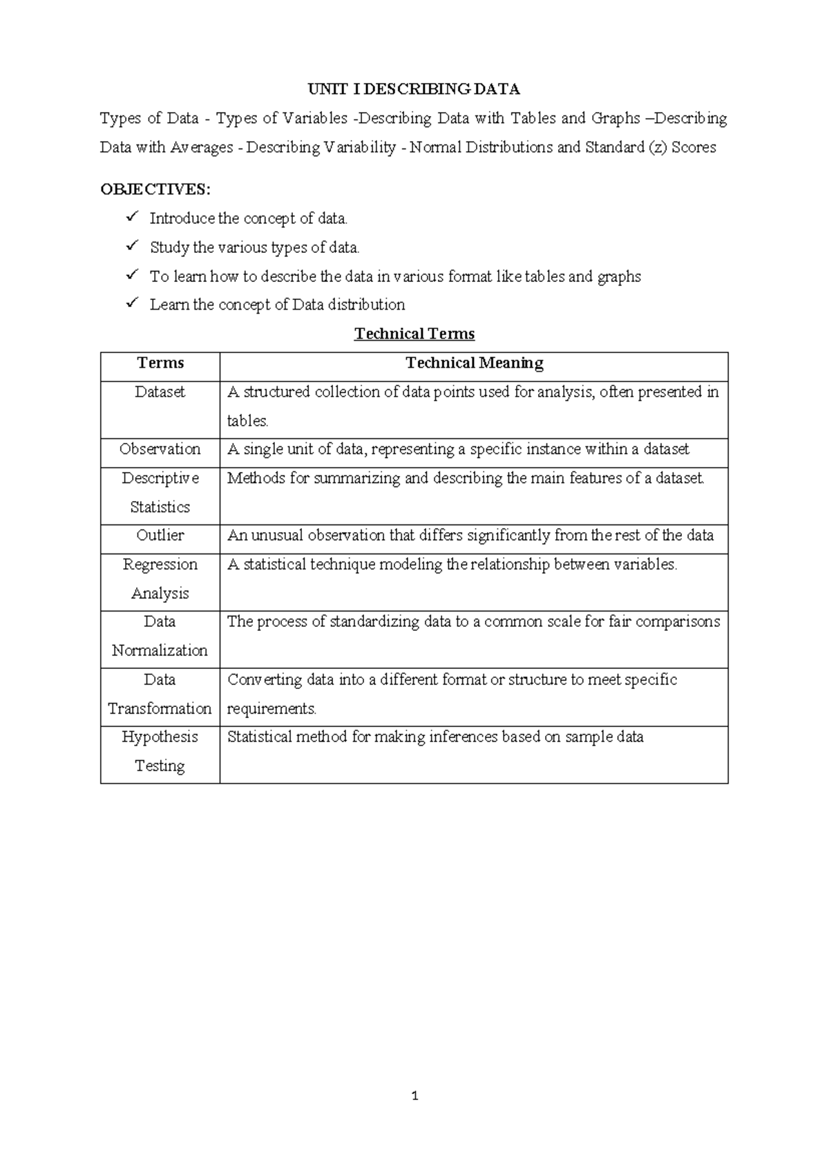 Unit - 2 - Unit 2 - UNIT I DESCRIBING DATA Types of Data - Types of Variables -Describing Data ...