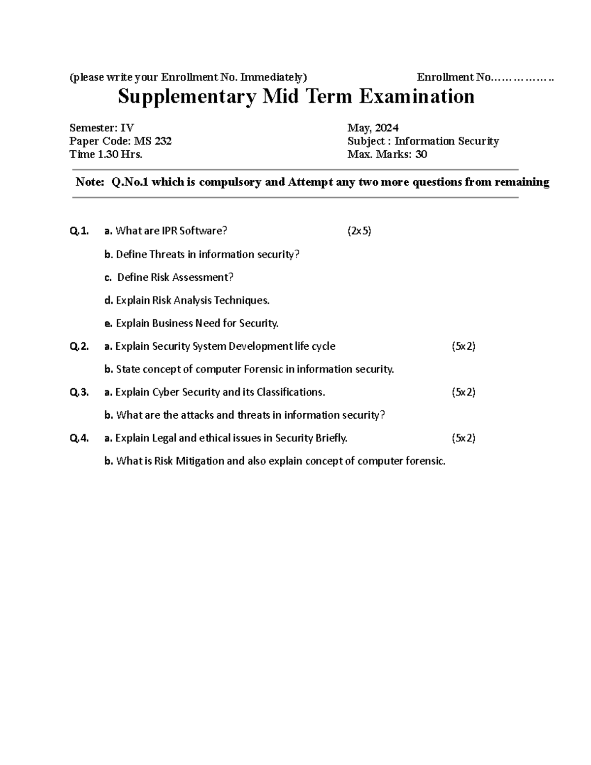 Information Security Question paper - (please write your Enrollment No ...