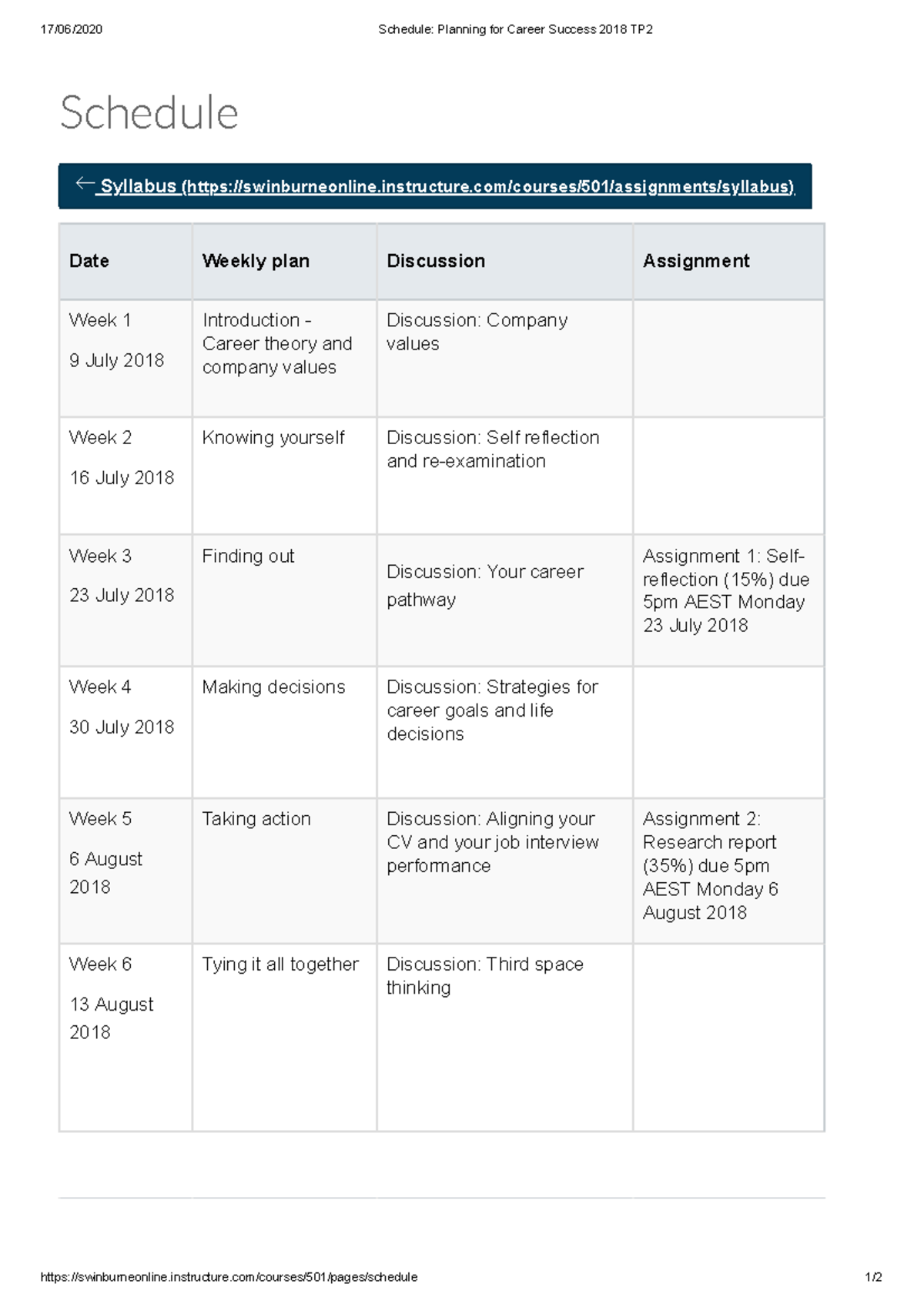 Schedule Planning for Career Success 2018 TP2 - instructure/courses/501 ...