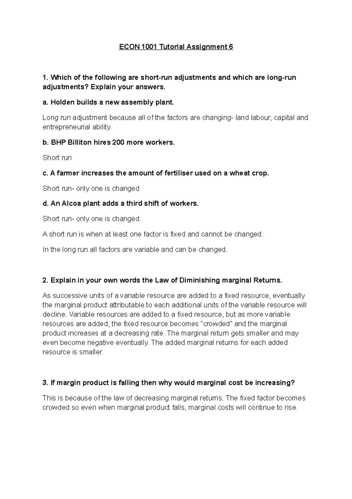 Seminar Assignments Tutorial Assignment 6 Econ 1001 Tutorial Assignment 6 Which Of The