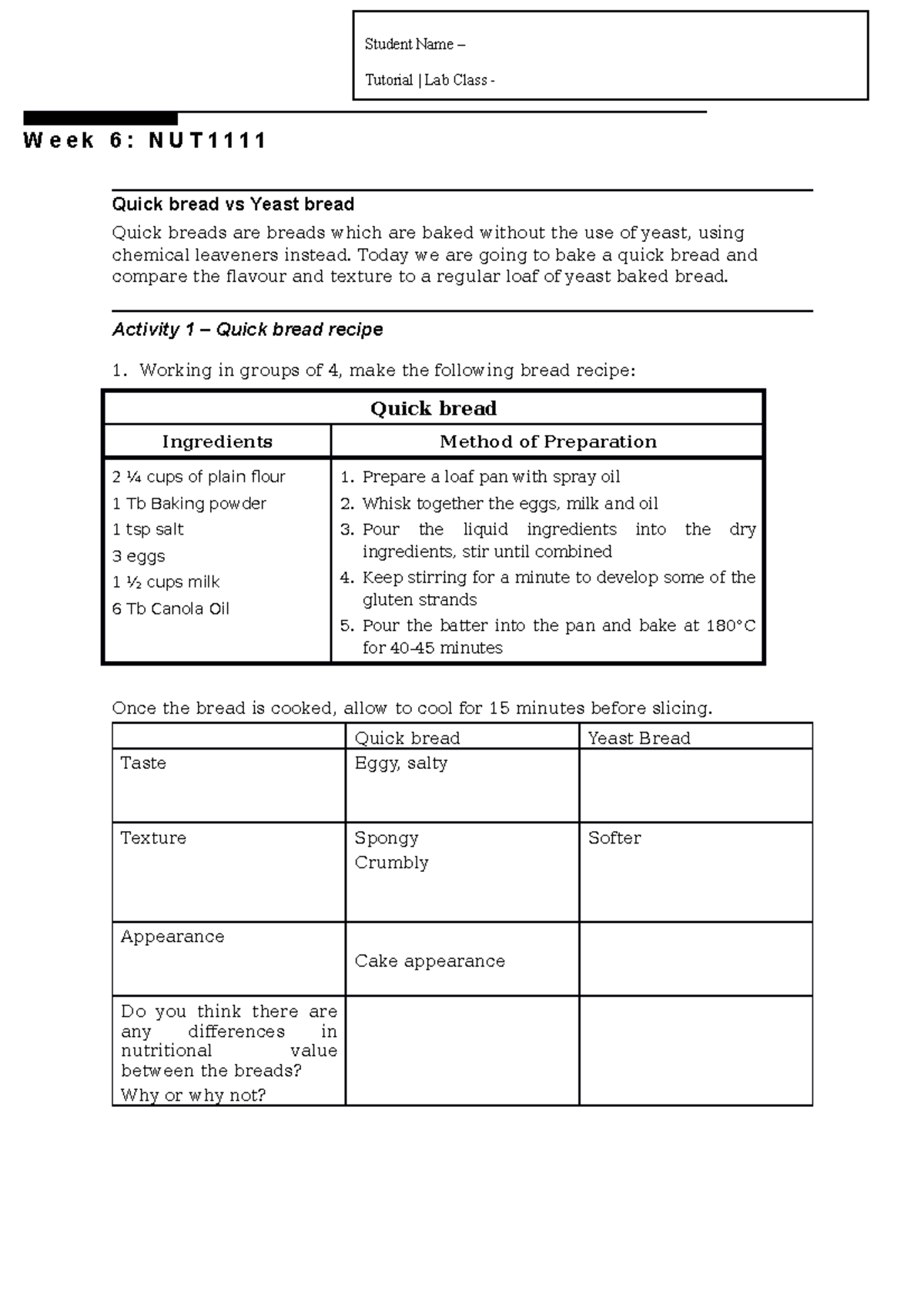 Week 6 - Week 6 tutorial worksheet - Week 6: NUT Quick bread vs Yeast ...