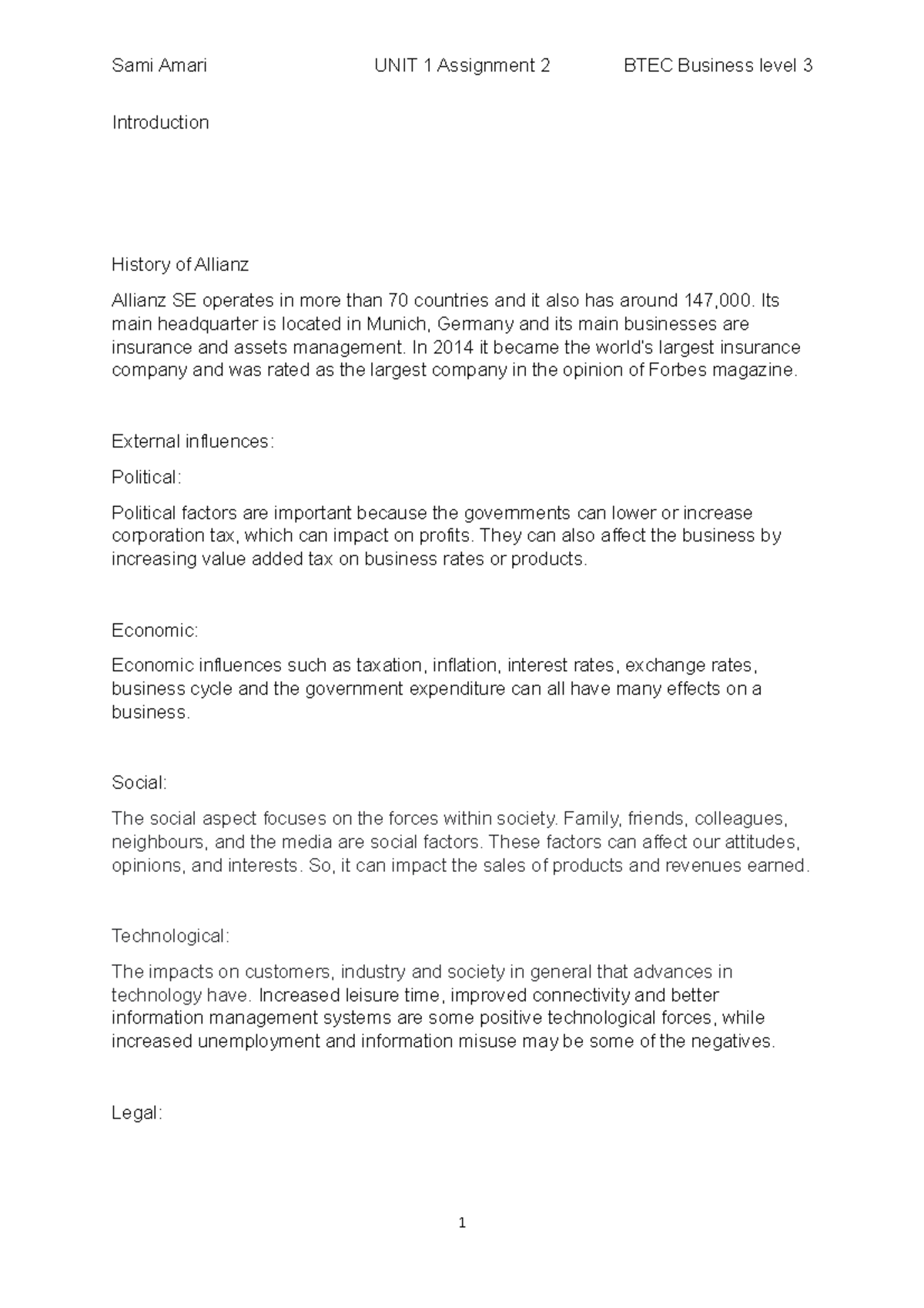 Unit 1 business assignment 2 - Introduction History of Allianz Allianz ...
