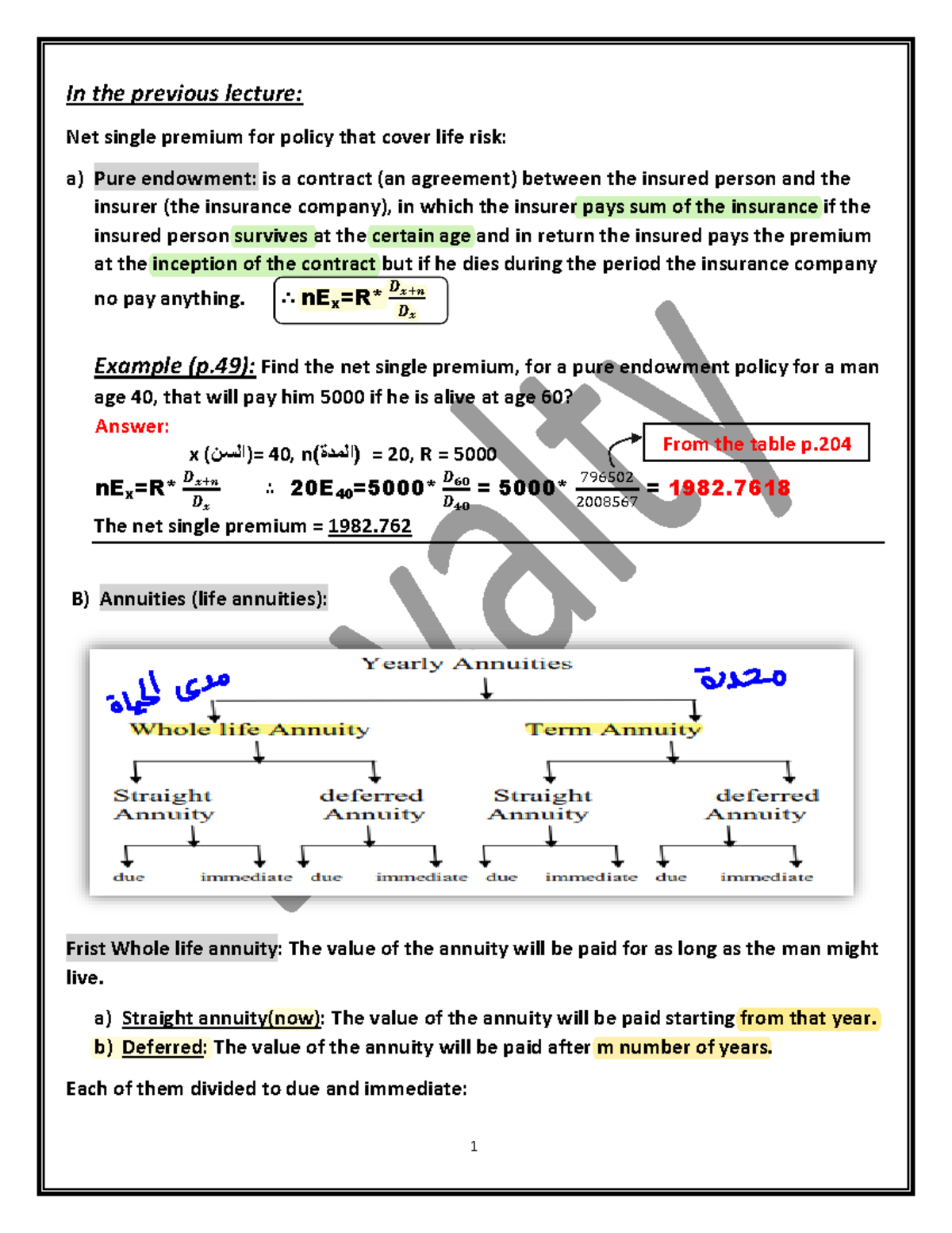 Lec.4 Dr - mortility table -life insurance - 1 In the previous lecture ...