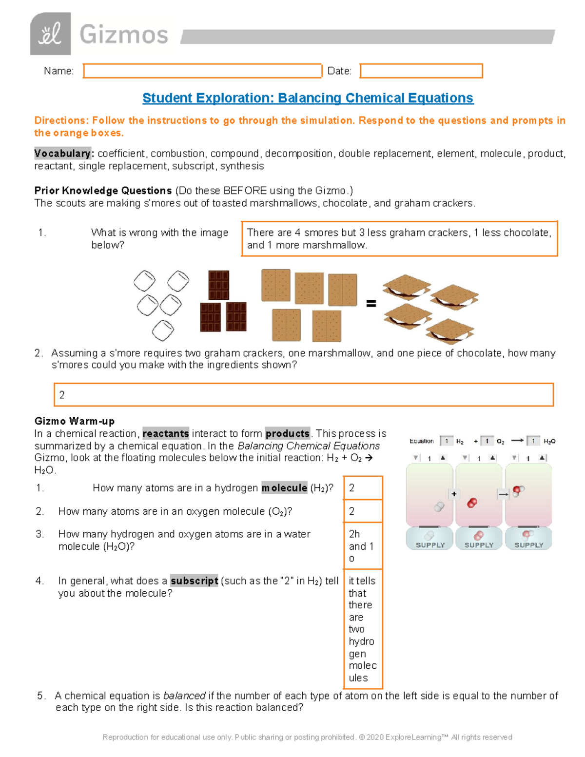 Balancing Chem Equations SE Gizmos - Name: Date: Student Exploration ...
