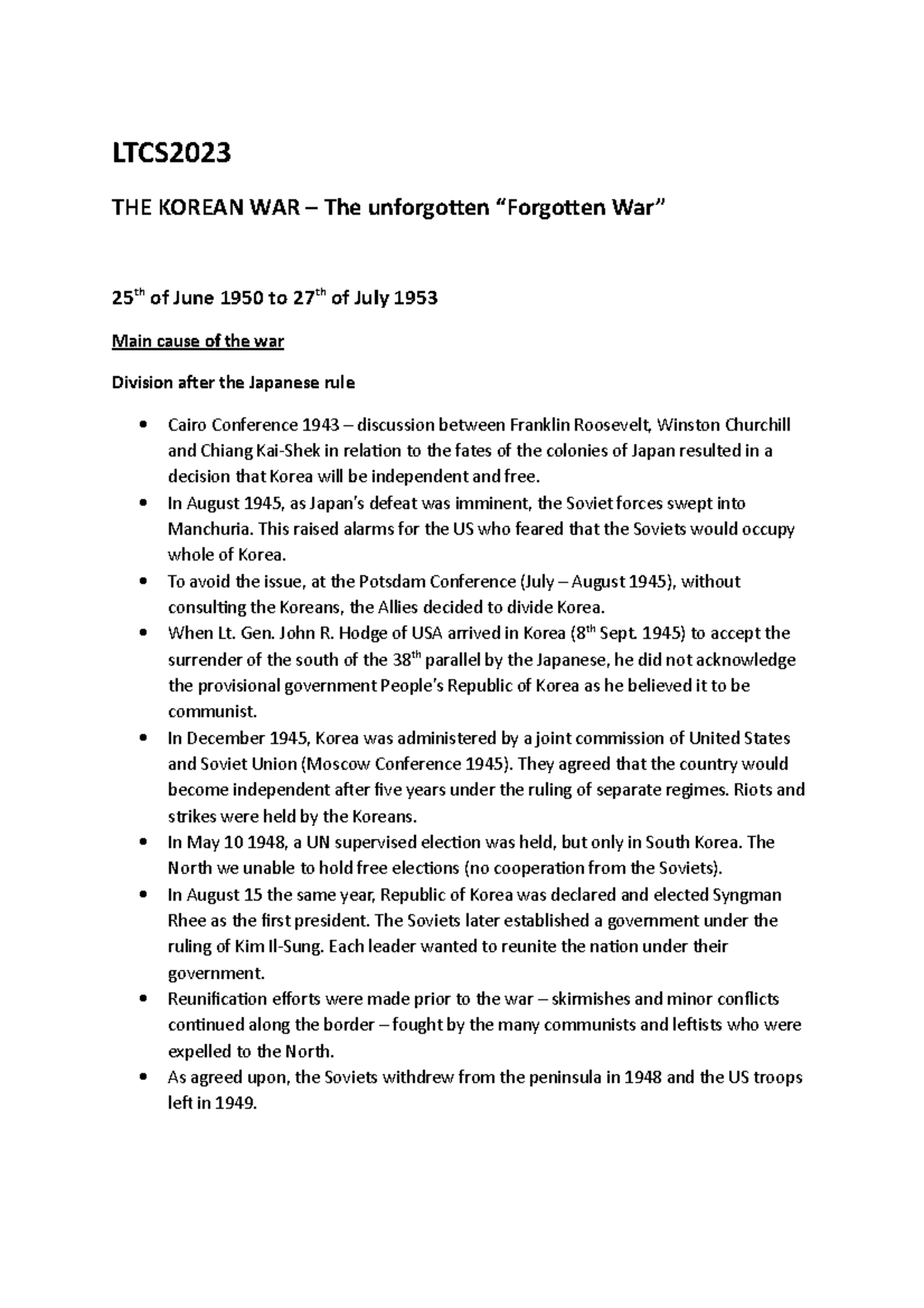 Lecture note - the korean war – the unforgotten “forgotten war” - LTCS ...