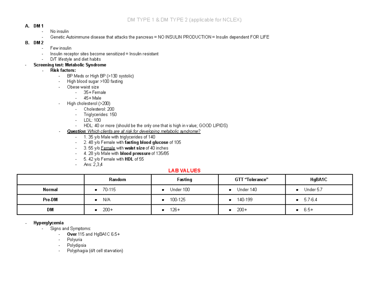 DM 1 & DM 2 - Notes for DM type 1 and DM type 2 - A. DM 1 No insulin ...