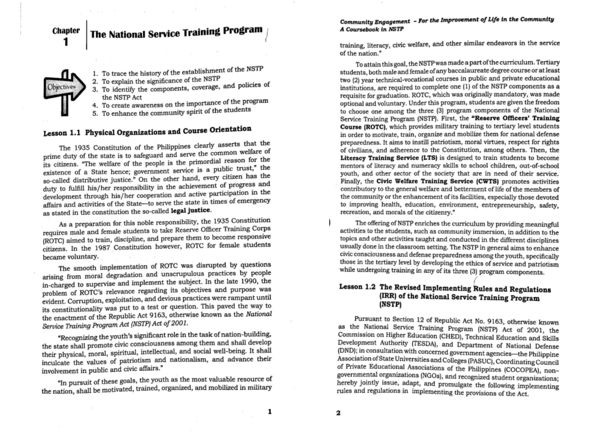 Chapter 1 - NSTP - reviewer about nstp - Community Engagement For the ...